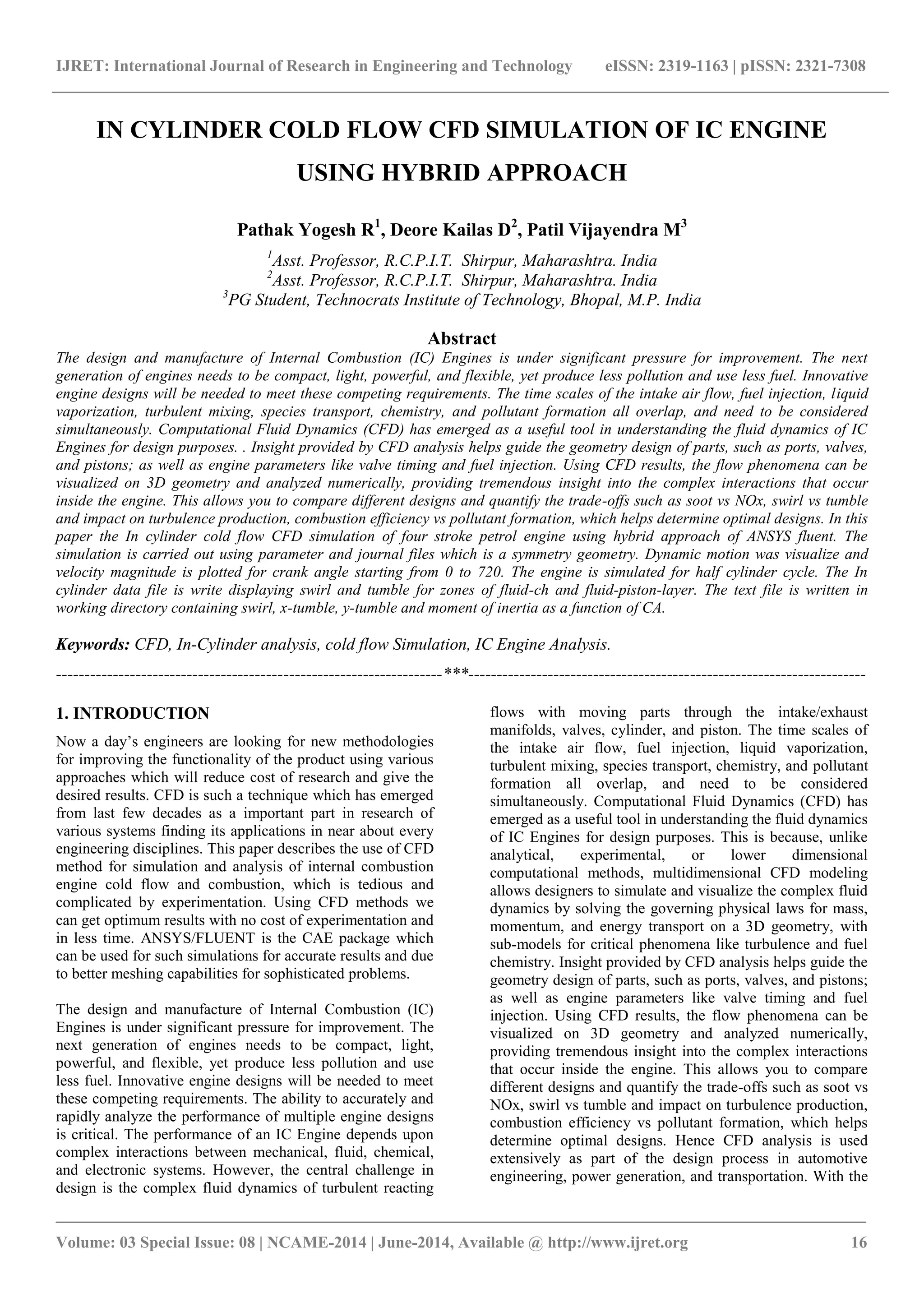 In cylinder cold flow cfd simulation of ic engine using hybrid approach ...