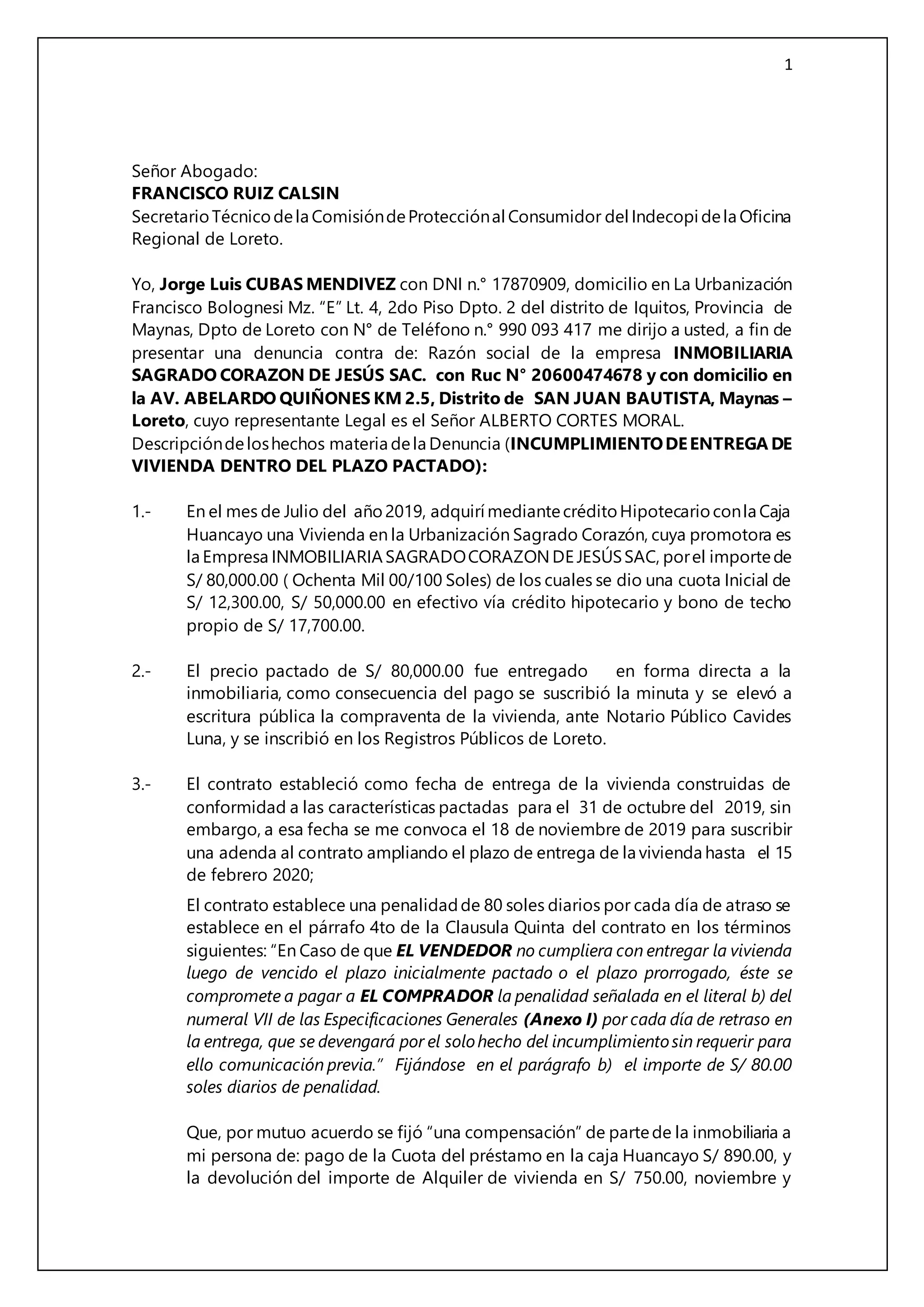Indecopi escrito de denuncia cpc | DOCX