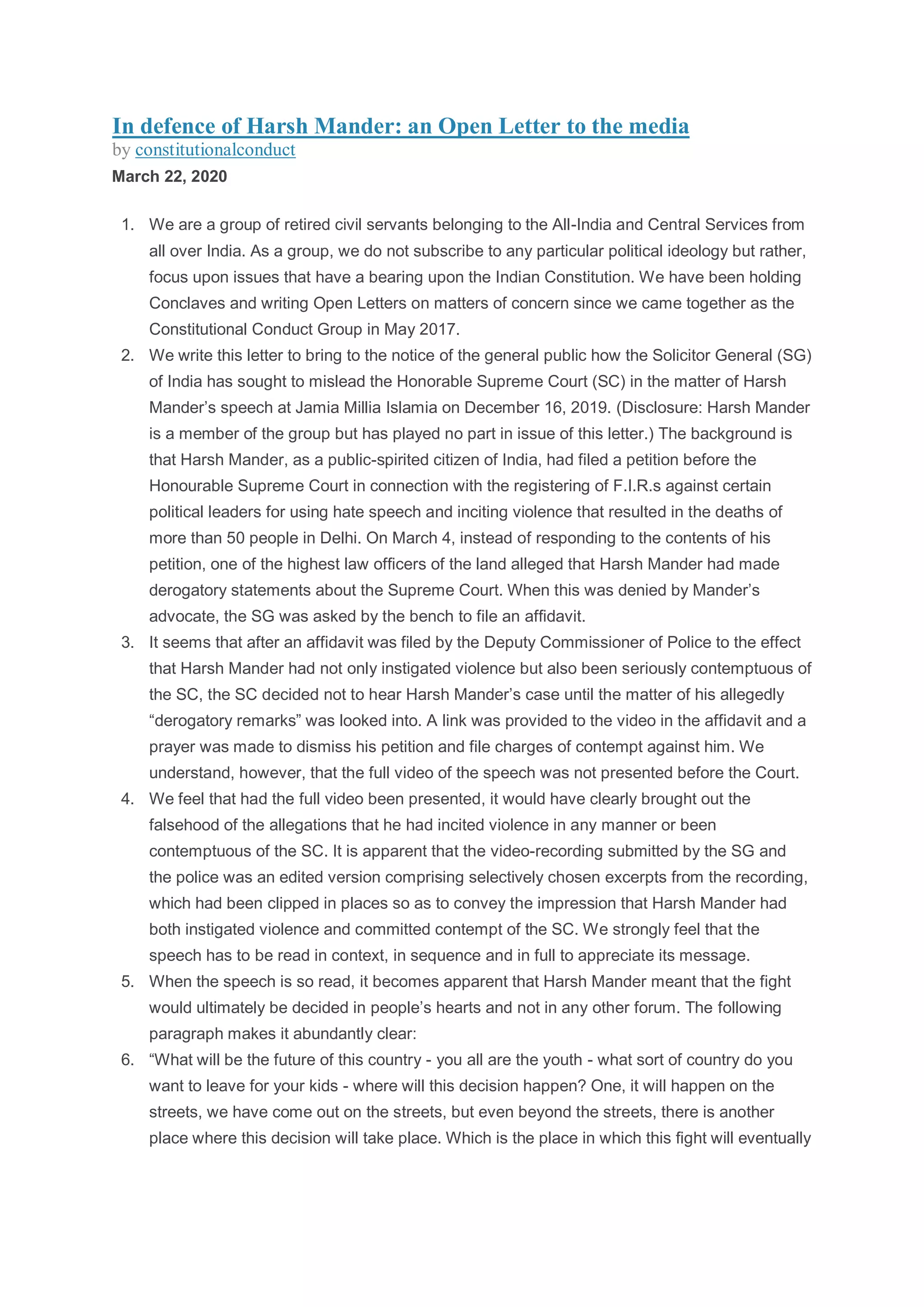 In defence of harsh mander | PDF