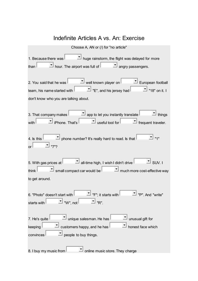 Indefinite articles a vs. an - texto explicativo e exercícios