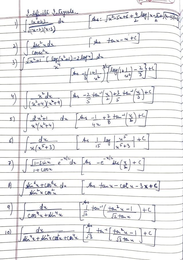 Indefinite integrals practice questions | PDF