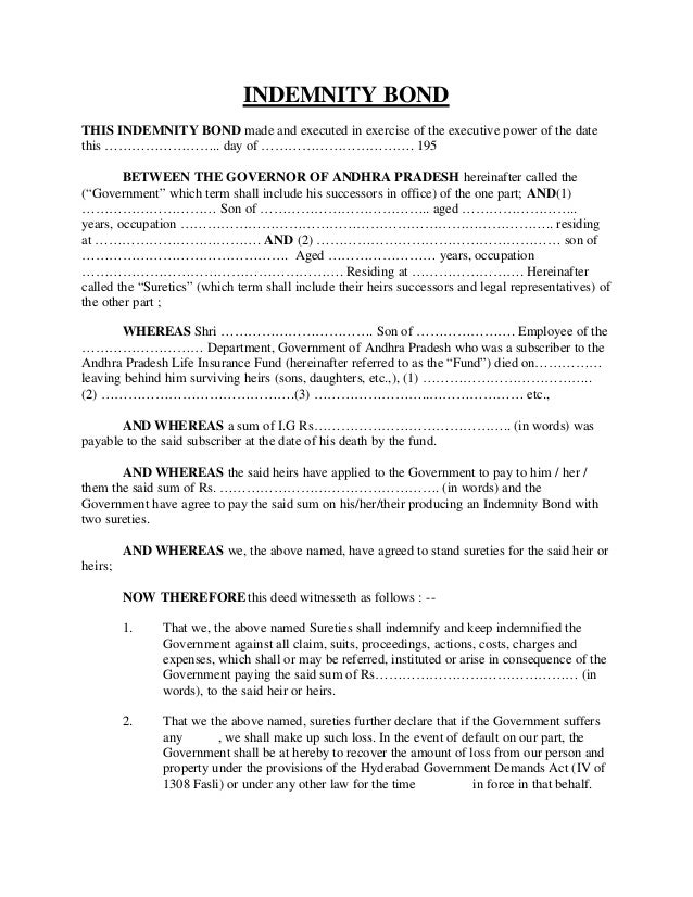 Indemnity Bond Indemnity Bond