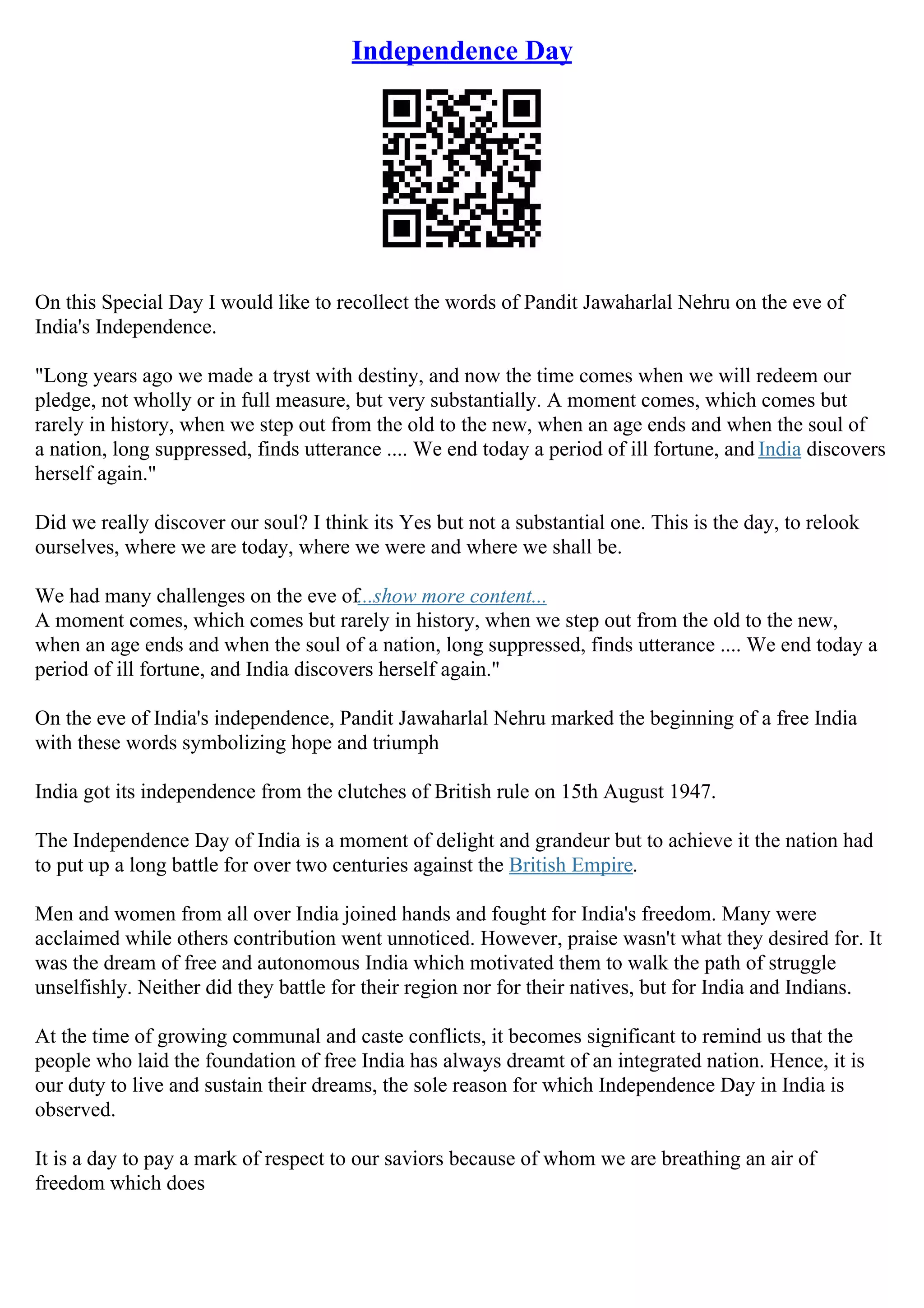 Independence Day Of India Essay | PDF