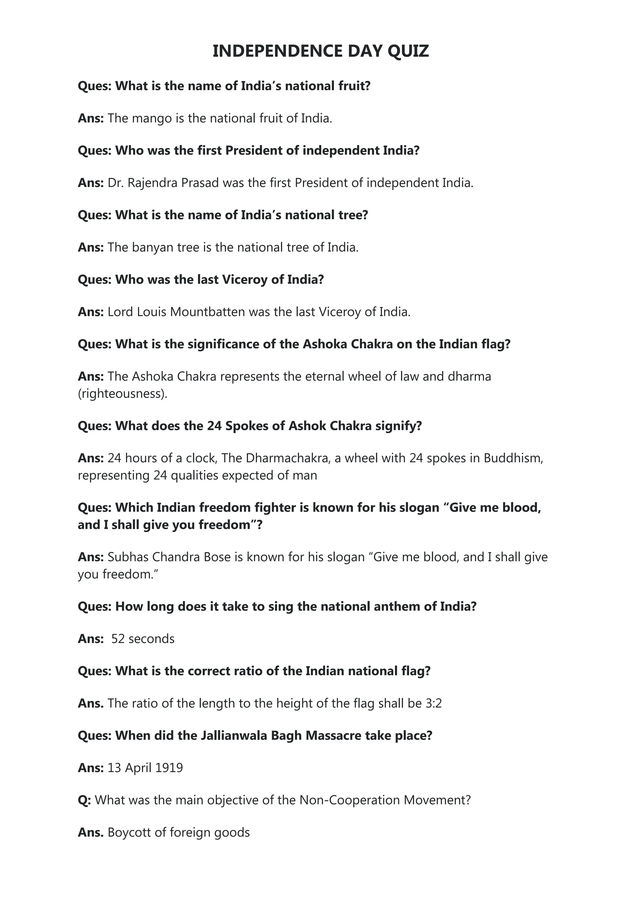 QUIZ for kids to be asked on independece day | DOCX