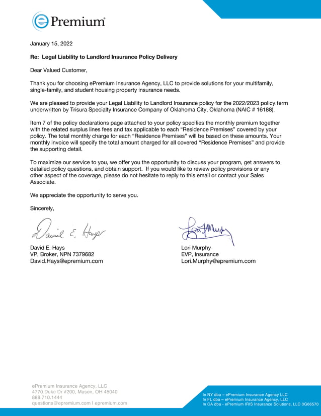 ePremium Legal Liability to Landlord Master Insurance Policy 2022-2023 ...