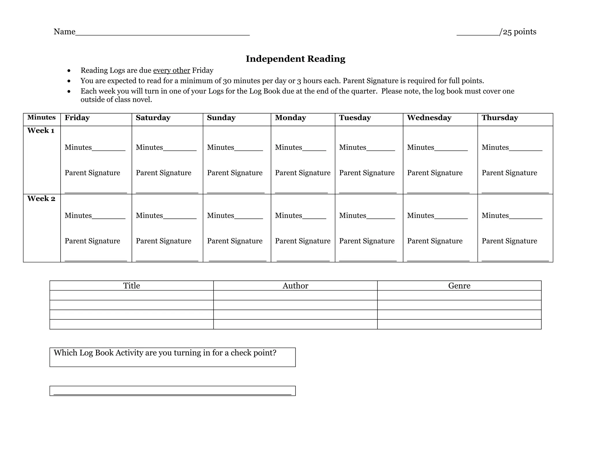 Independent Reading Sheet | DOCX | Education