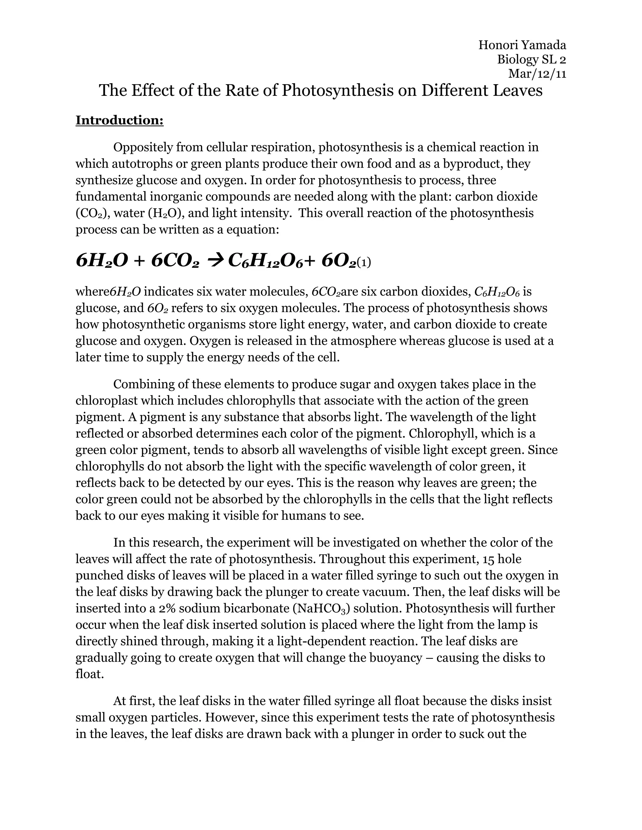 Independent Research Leaf Disc Photosynthesis Lab | DOCX