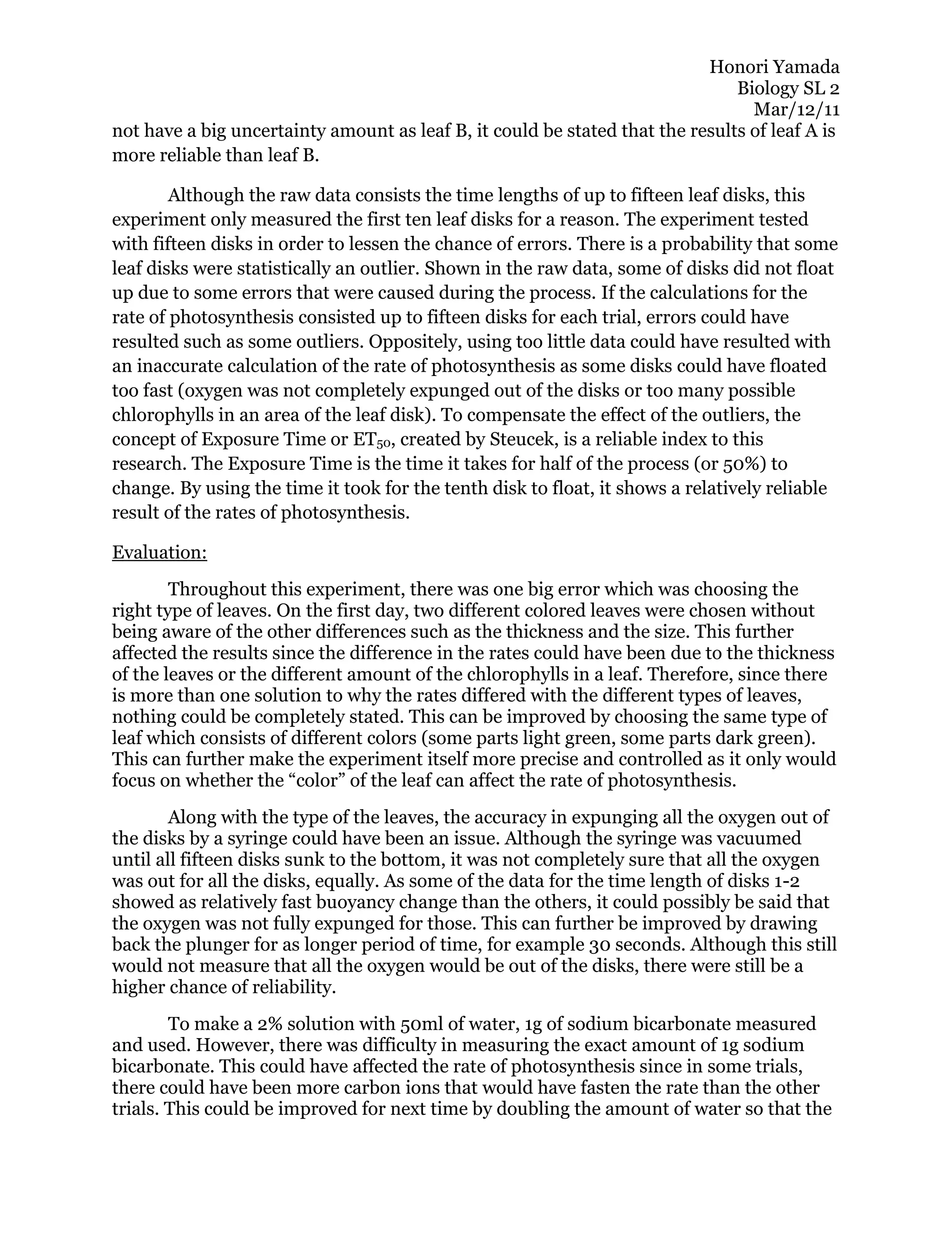 Independent Research Leaf Disc Photosynthesis Lab | DOCX