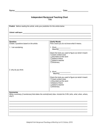 Independent Reciprocal Teaching Chart | PDF
