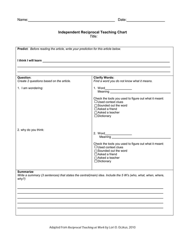 Independent Reciprocal Teaching Chart | PDF