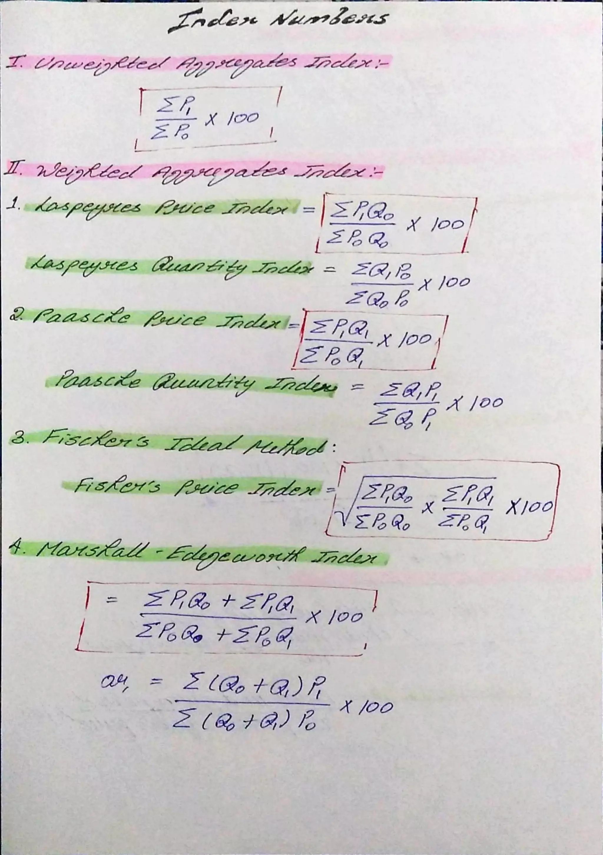 Index numbers Formulas - Statistics | PDF