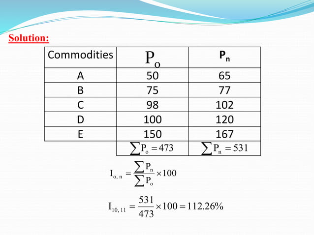 Index numbers(unweighted index number)(simple aggregative method by fixed base) | PPTX | Stocks ...