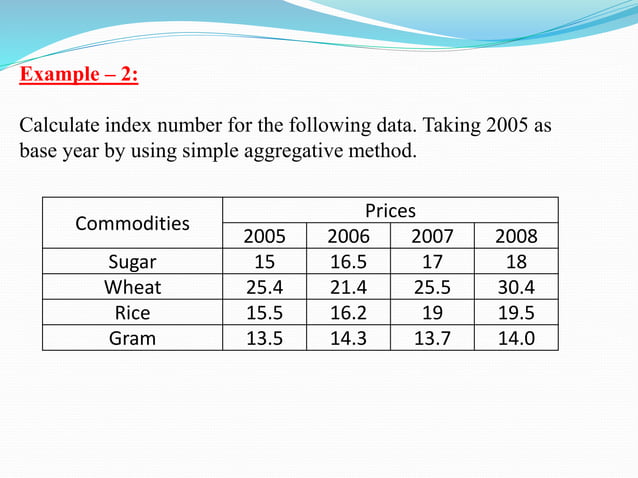Index numbers(unweighted index number)(simple aggregative method by fixed base) | PPTX | Stocks ...