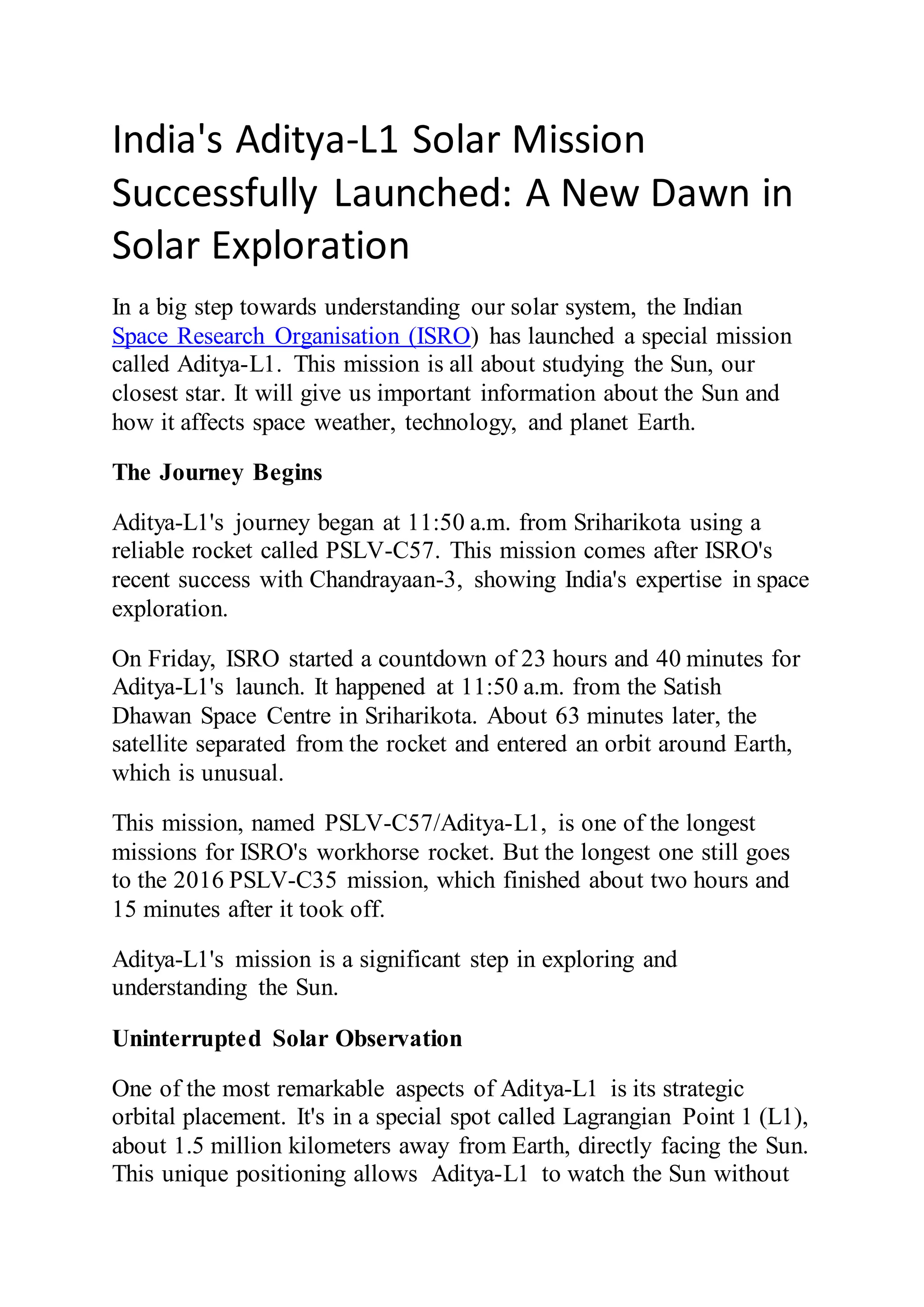 India's Aditya-L1 Solar Mission Successfully Launched: A New Dawn in ...