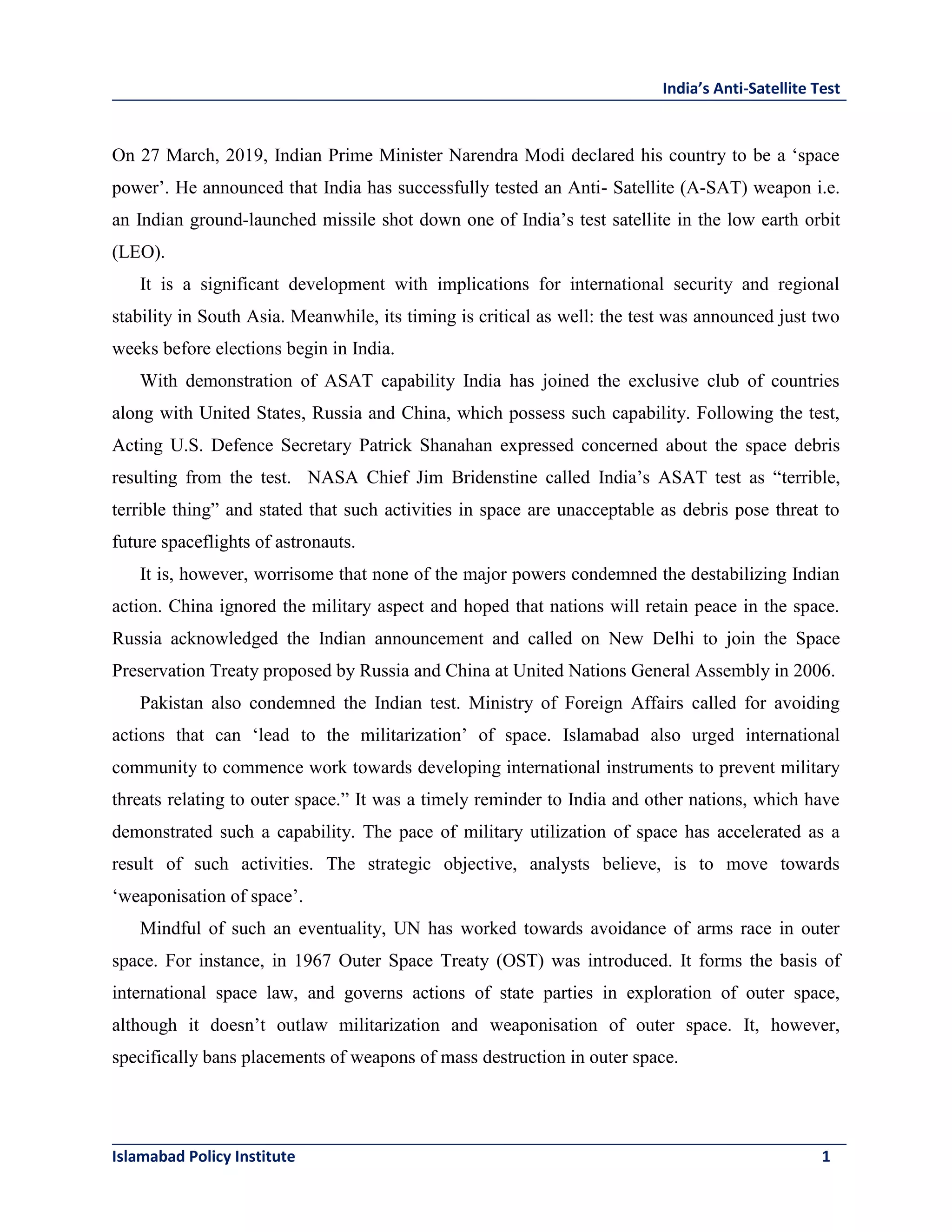 India Anti-Satellite Test | PDF