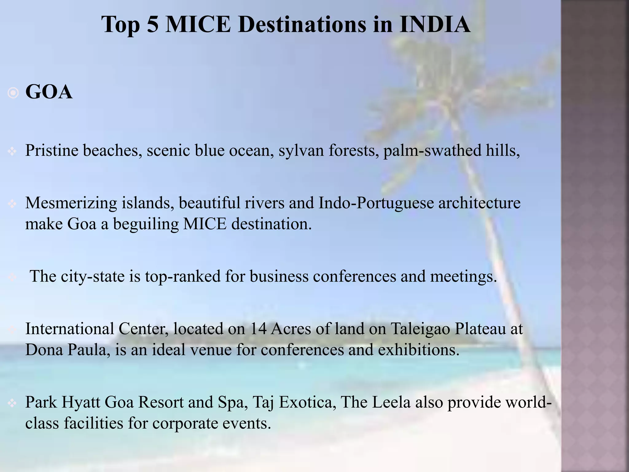India as a MICE tourism destination | PPTX | Asia Travel | Travel Locations