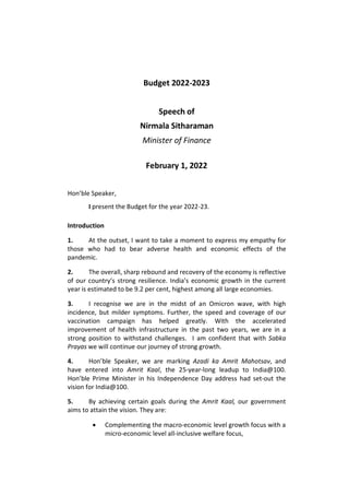 India budget speech 2022 | PDF
