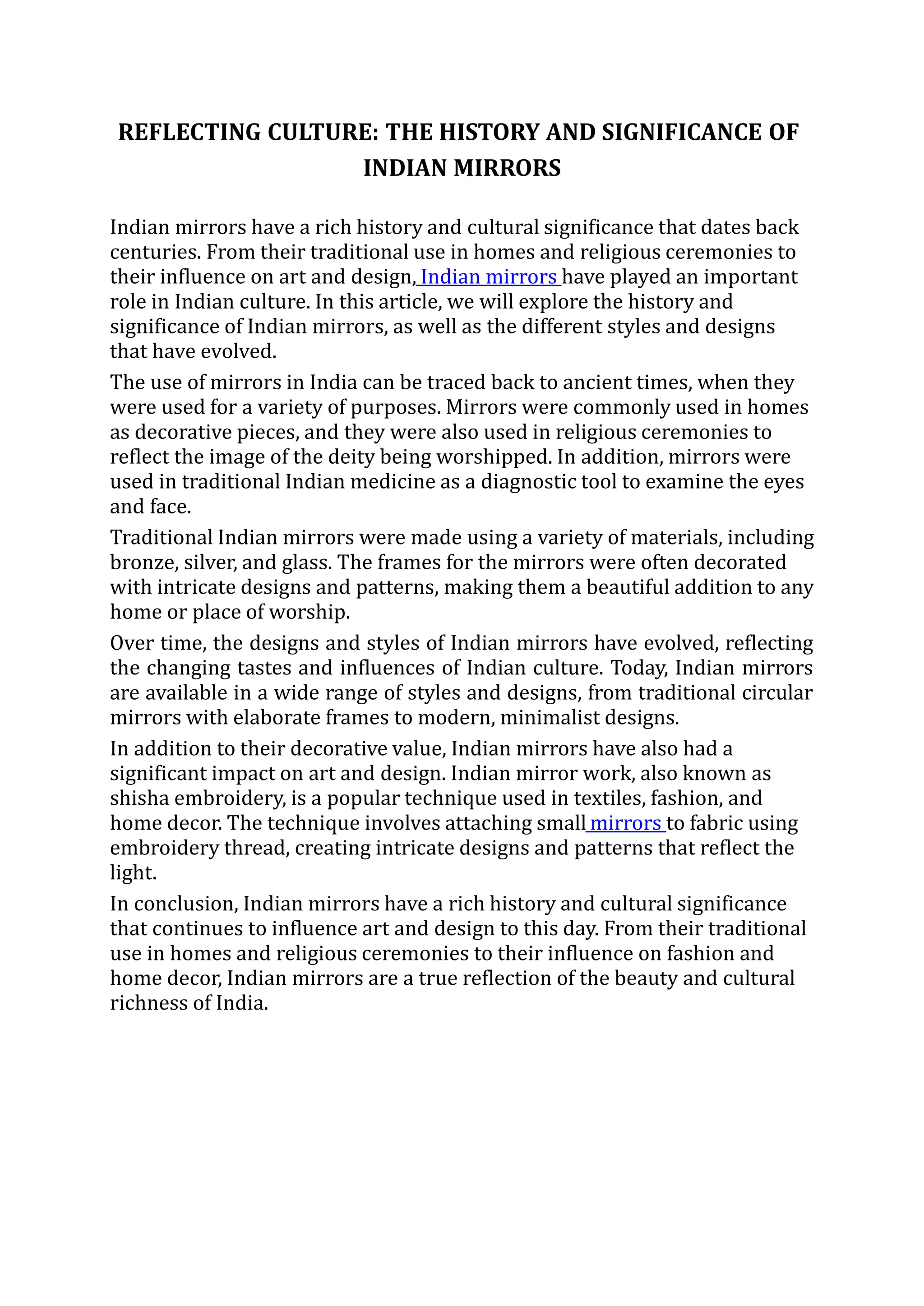 REFLECTING CULTURE: THE HISTORY AND SIGNIFICANCE OF INDIAN MIRRORS | PPT