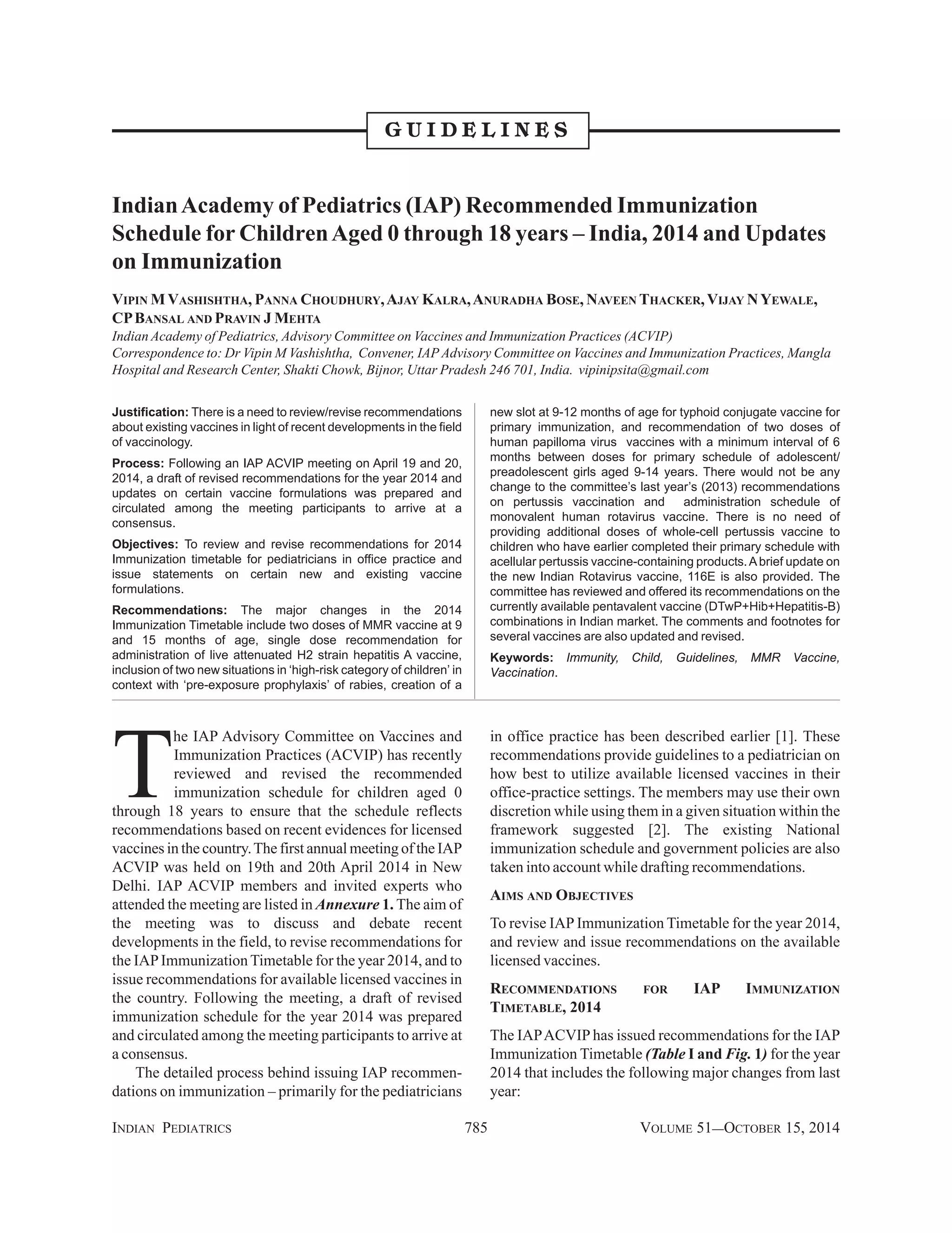 Indian academy of pediatrics (iap) recommended immunization | PDF