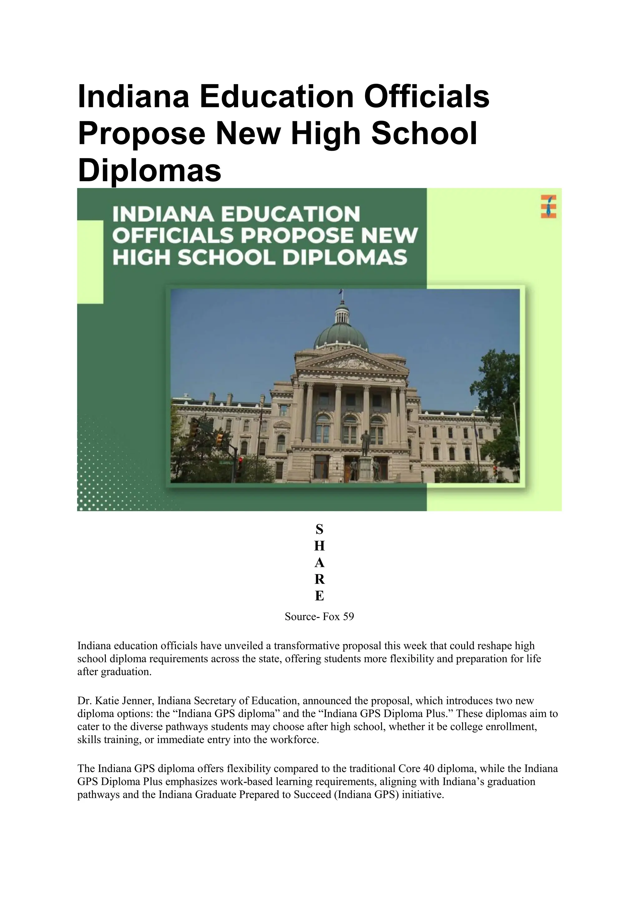 Indiana Education Officials Propose New High School Diplomas | PDF