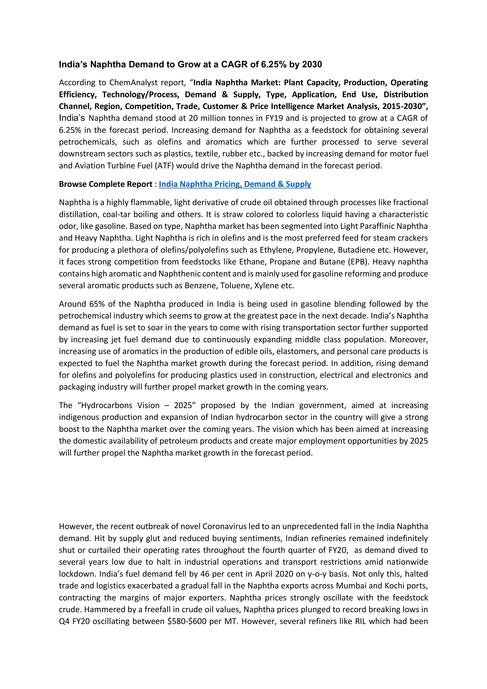 India Naphtha Market Prices, News Analysis | PDF