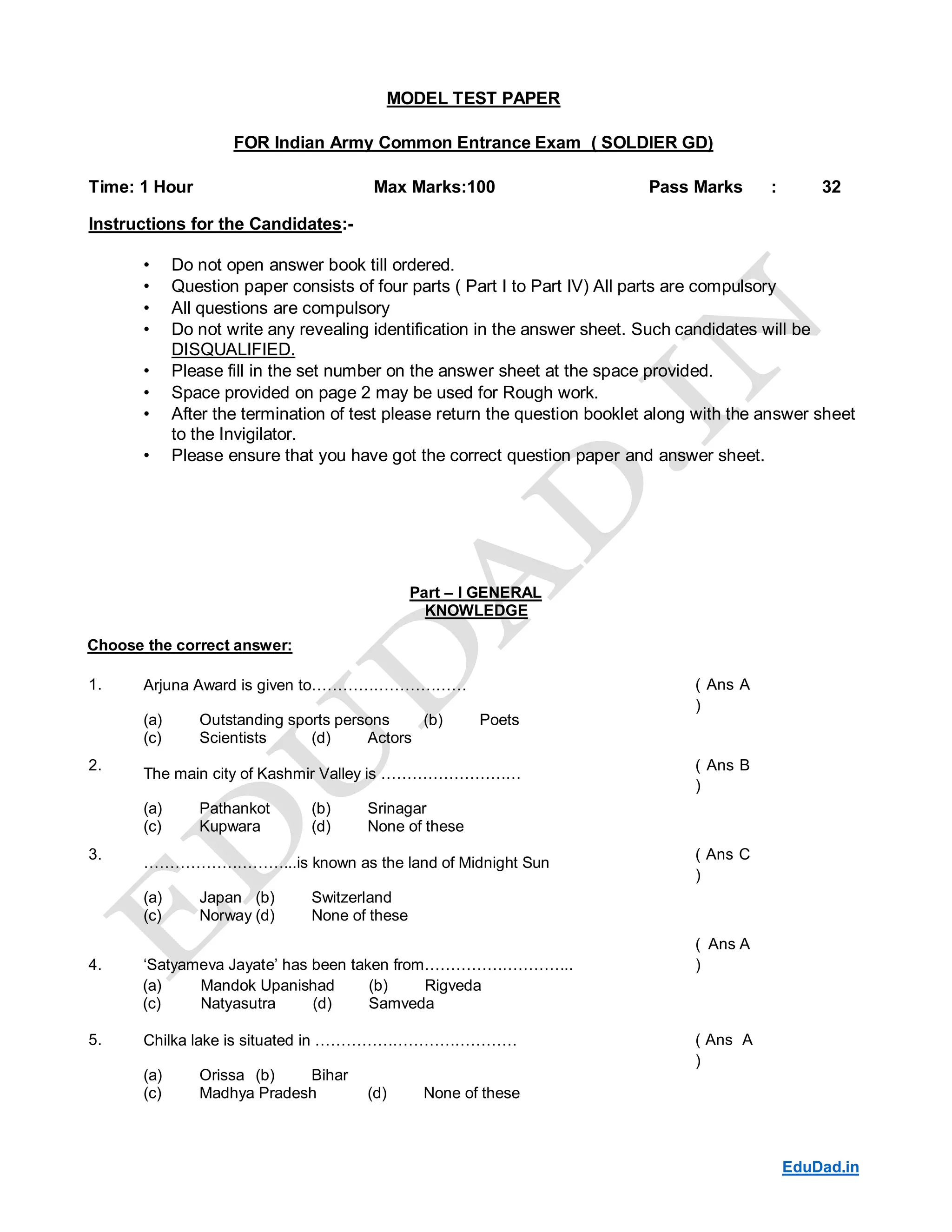 Indian army model test paper for soldier exam | PDF