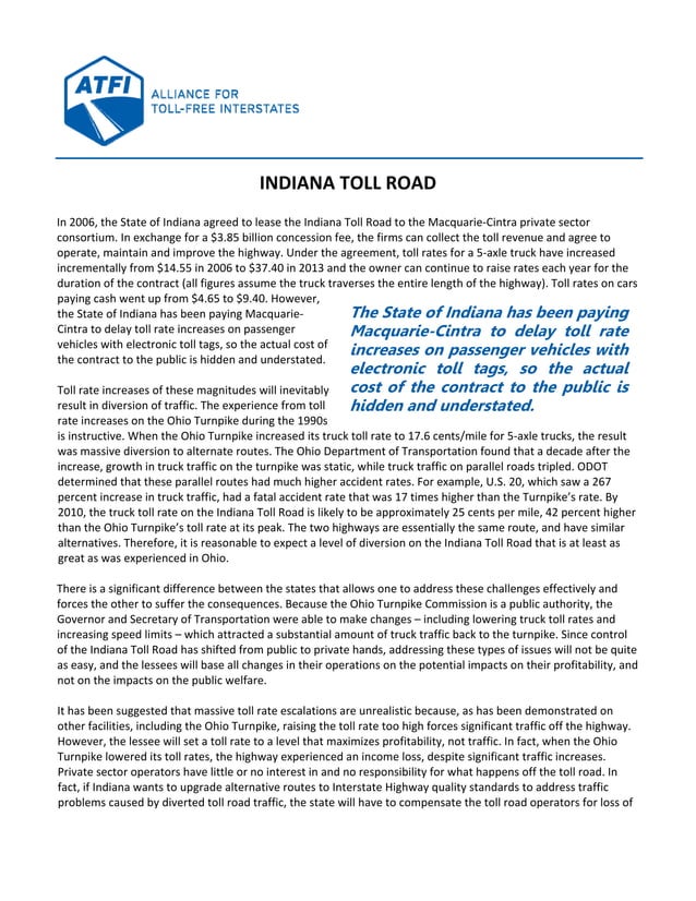 Indiana toll roads | Tolls on Interstate Highways, | PDF
