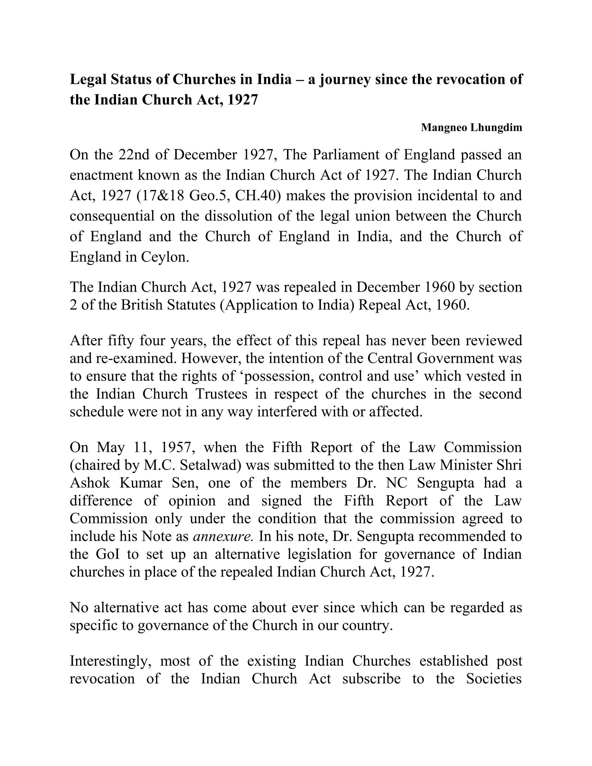Indian church act 1927 an analysis (mangneo) | PDF