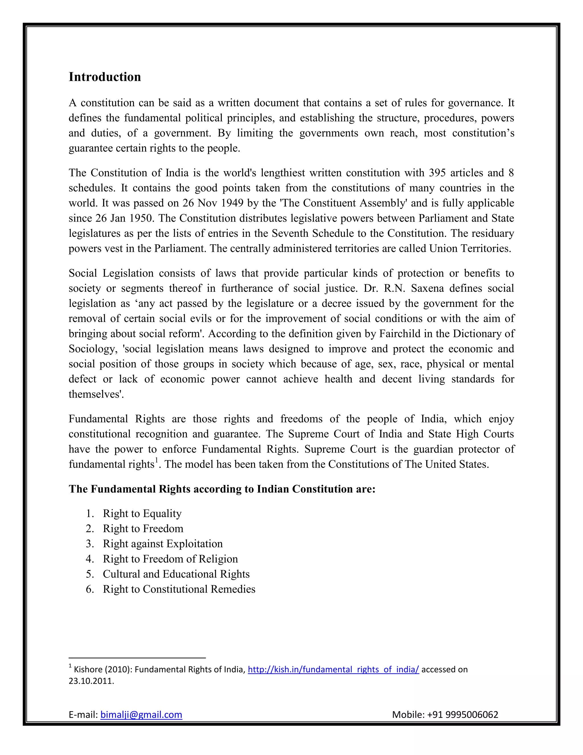 Indian constitution and social legislation fundamental rights | DOCX