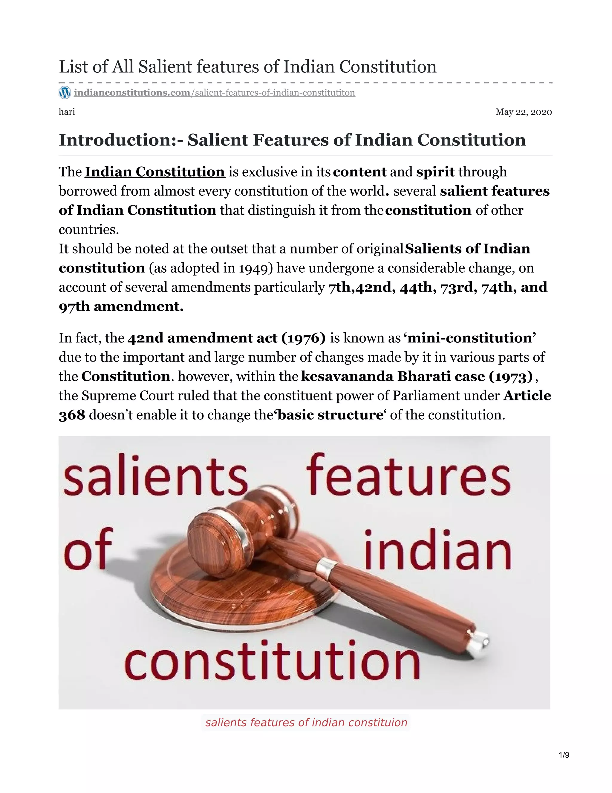 List of all salient features of Indian constitution | PDF