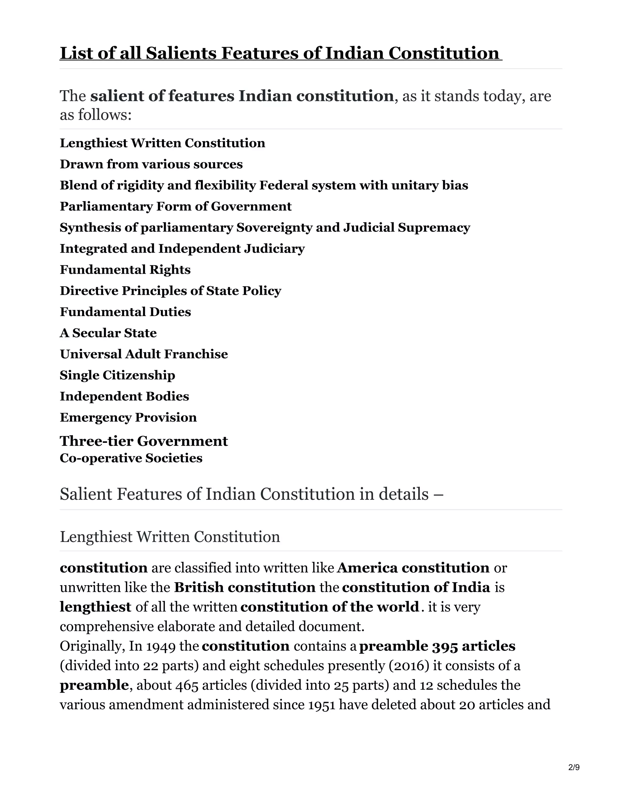 List of all salient features of Indian constitution | PDF