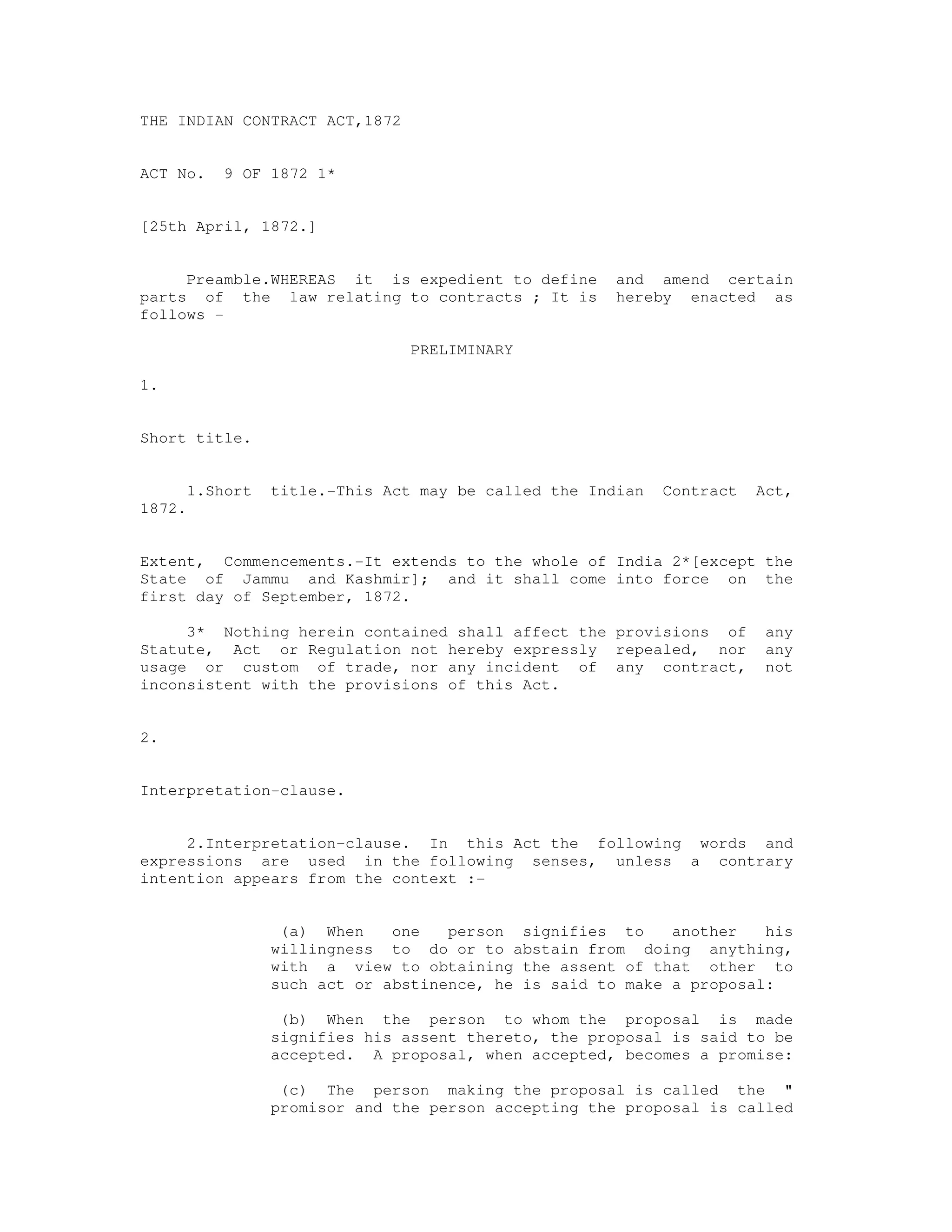 Indian Contract Act 1872, Bare Act | PDF