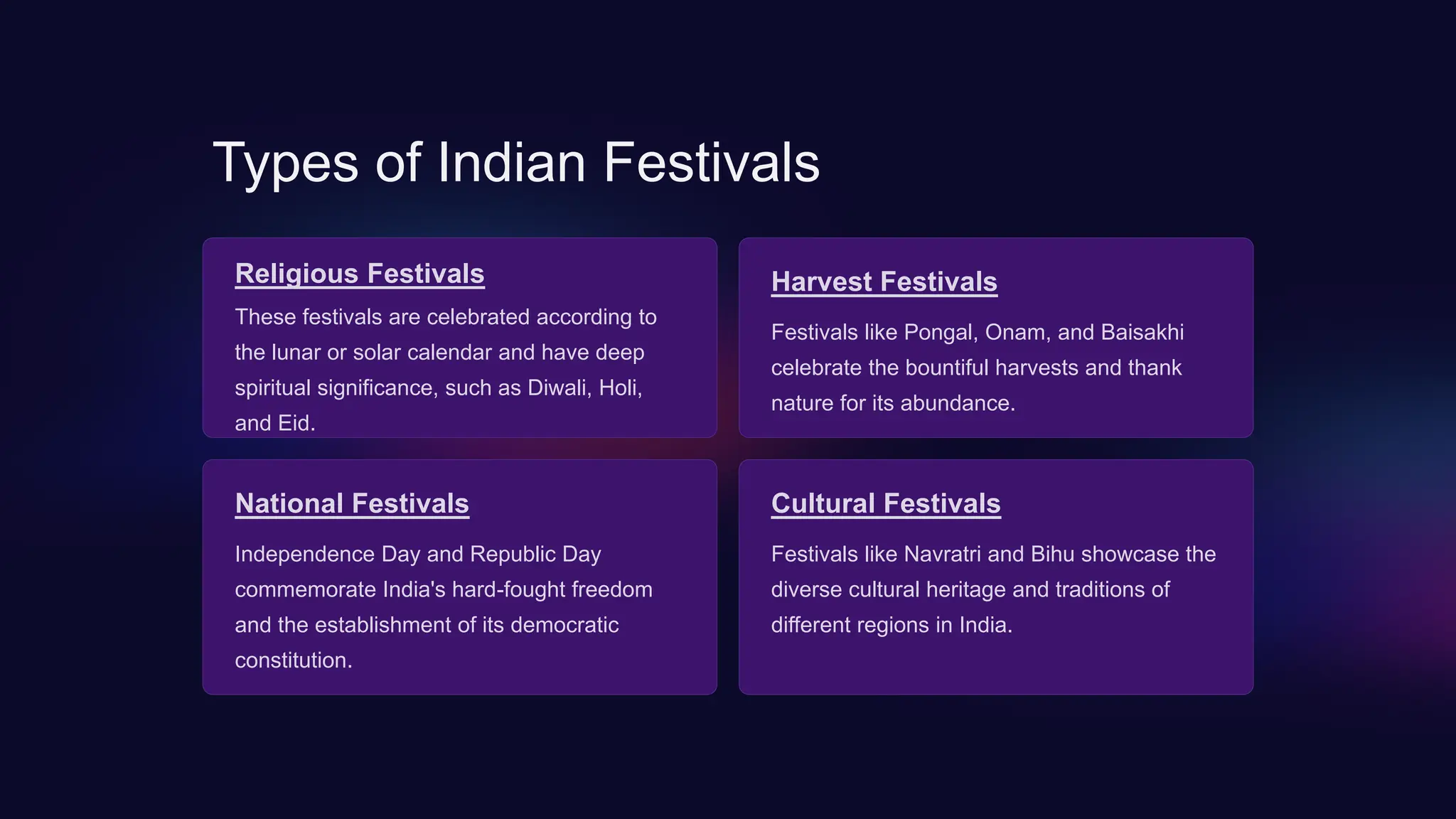 INDIAN FESTIVALS; Introduction, Types of festivals, Few festivals ...