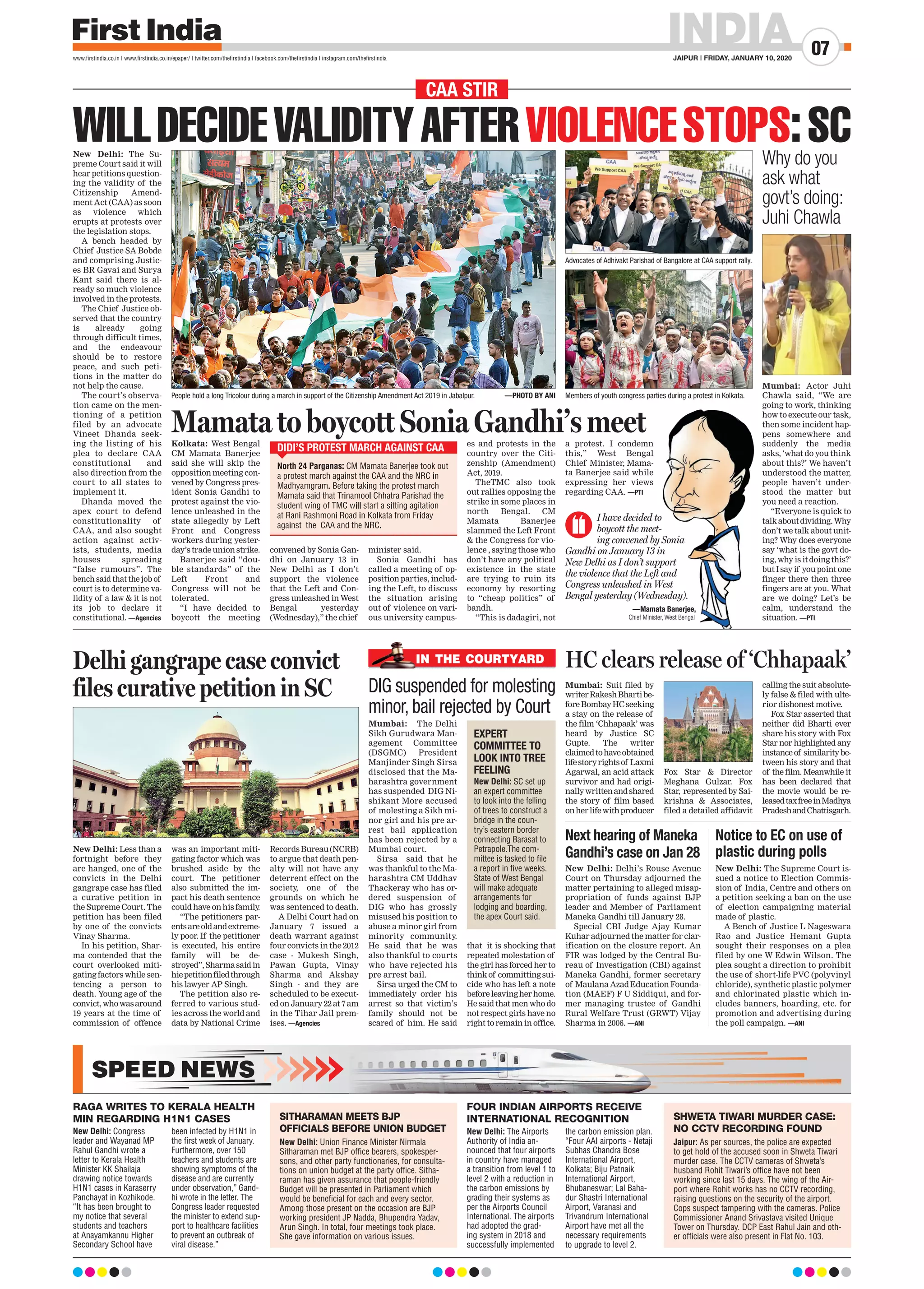Indian newspapers in english first india rajasthan-10 january 2020 ...