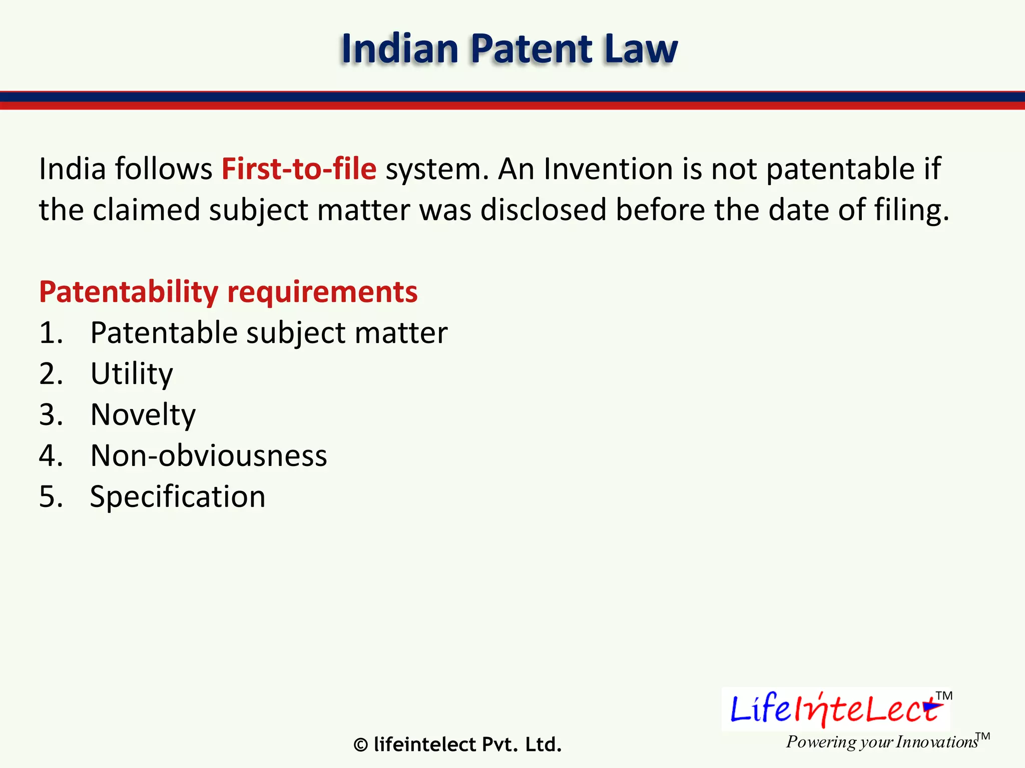 Indian Patent Law: Patentability requirements and filing procedure | PDF
