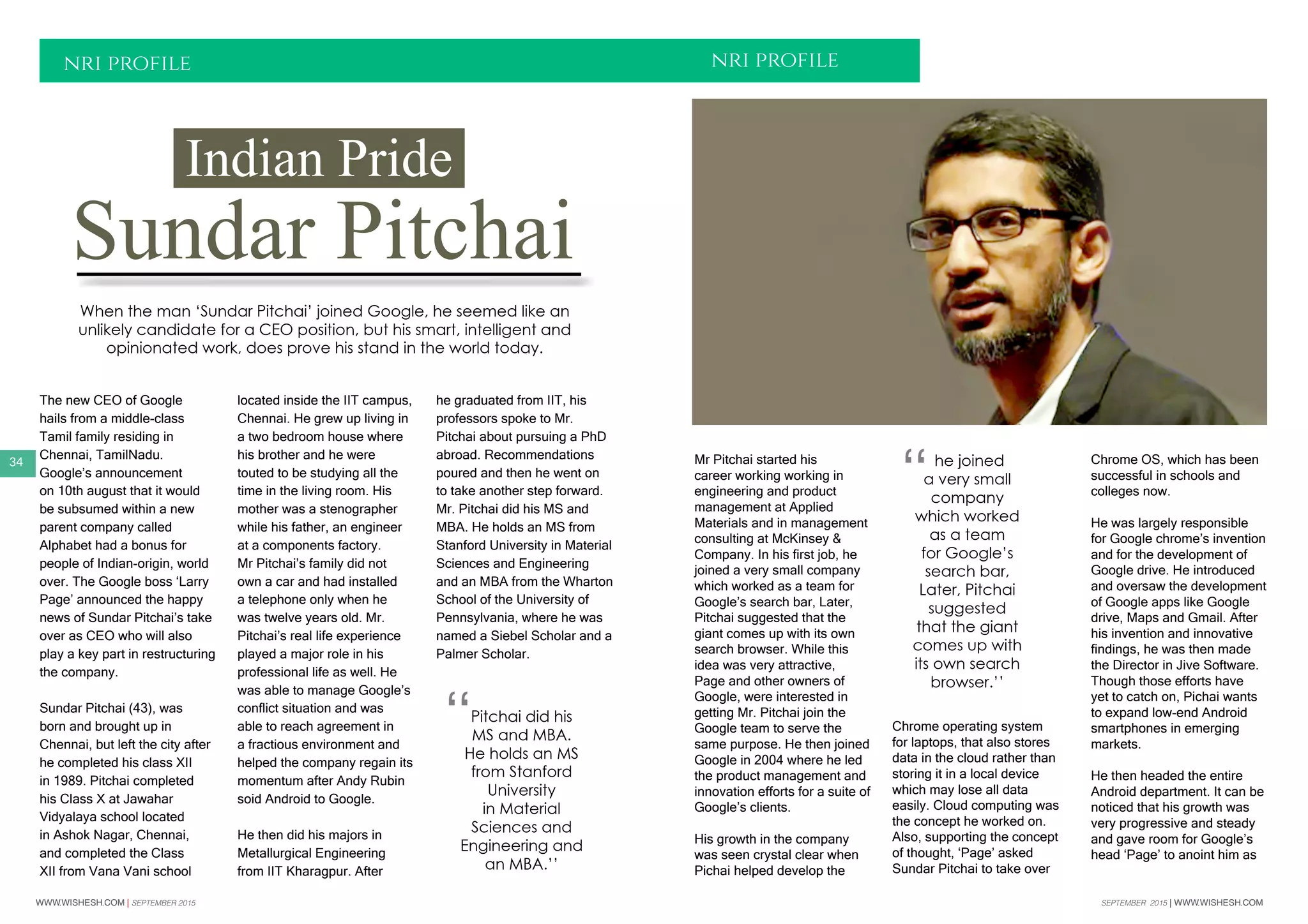 Indian Pride (Sundar Pichai) (Wishesh september magazine 2015) | PDF