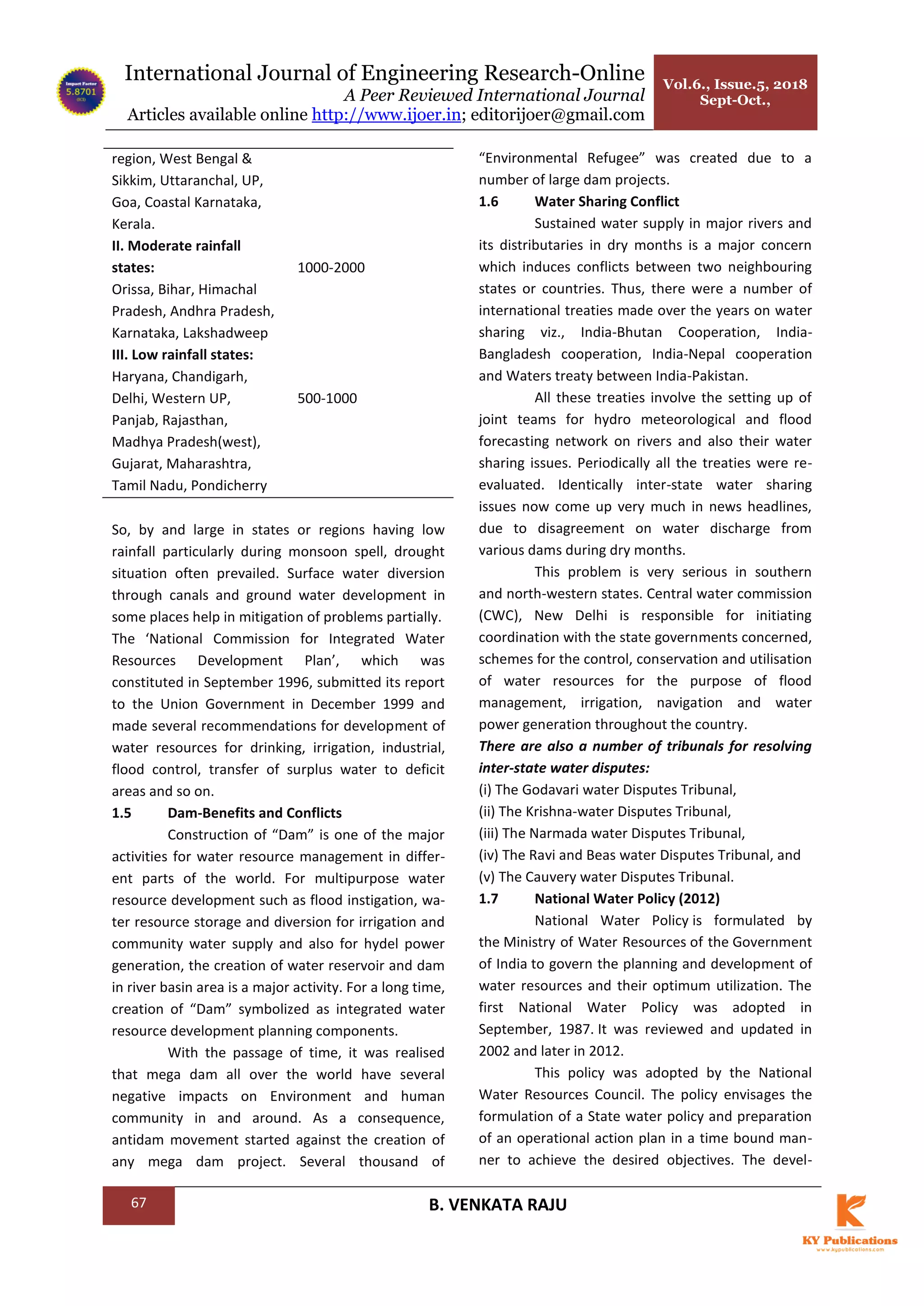 INDIAN SCENARIO OF WATER RESOURCES - AN OVERVIEW, INTEGRATED WATER MANAGEMENT AND MAJOR ISSUES ...