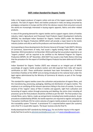 Indian standard for organic textiles (isot) standards | PDF