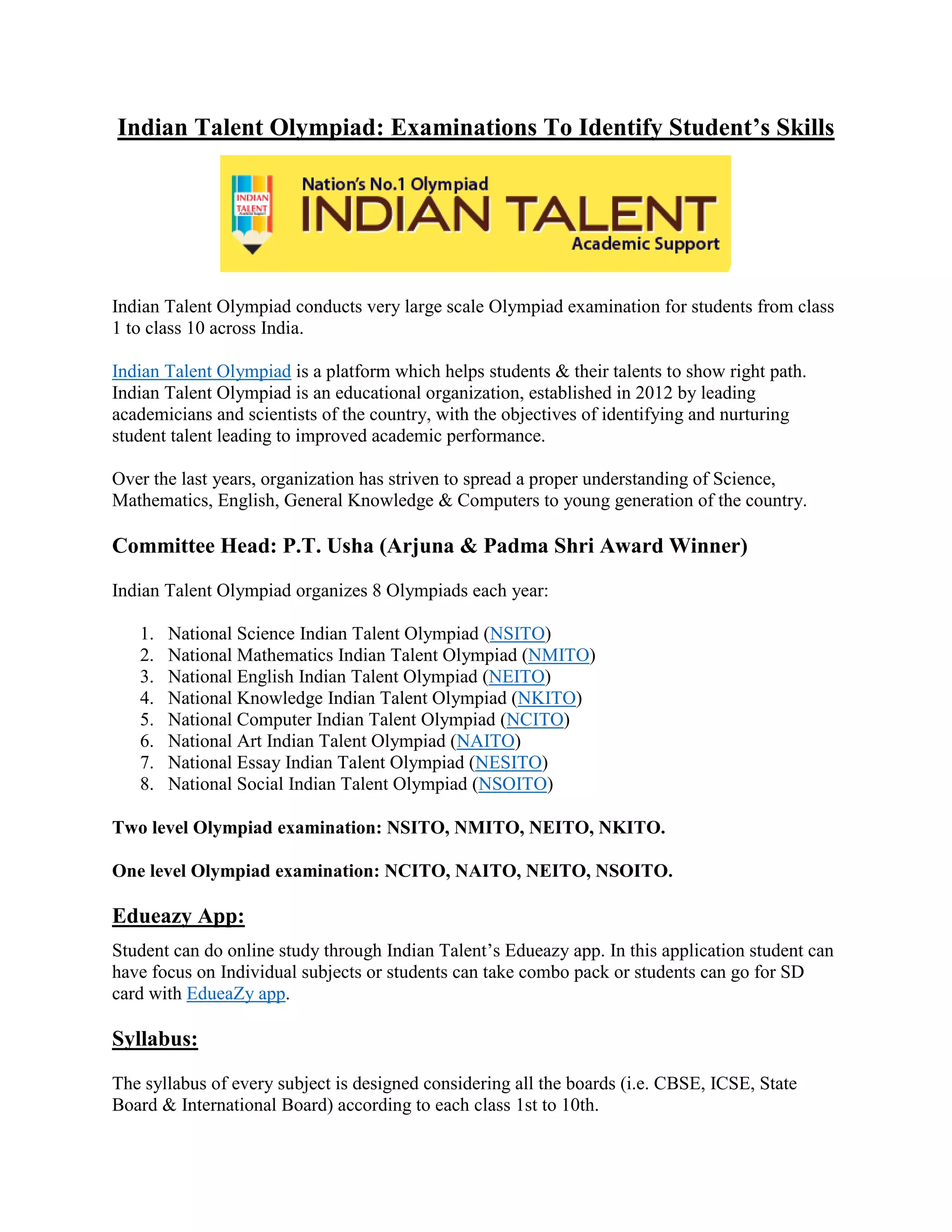 Indian Talent Olympiad: Examinations To Identify Student's Skills | PDF ...
