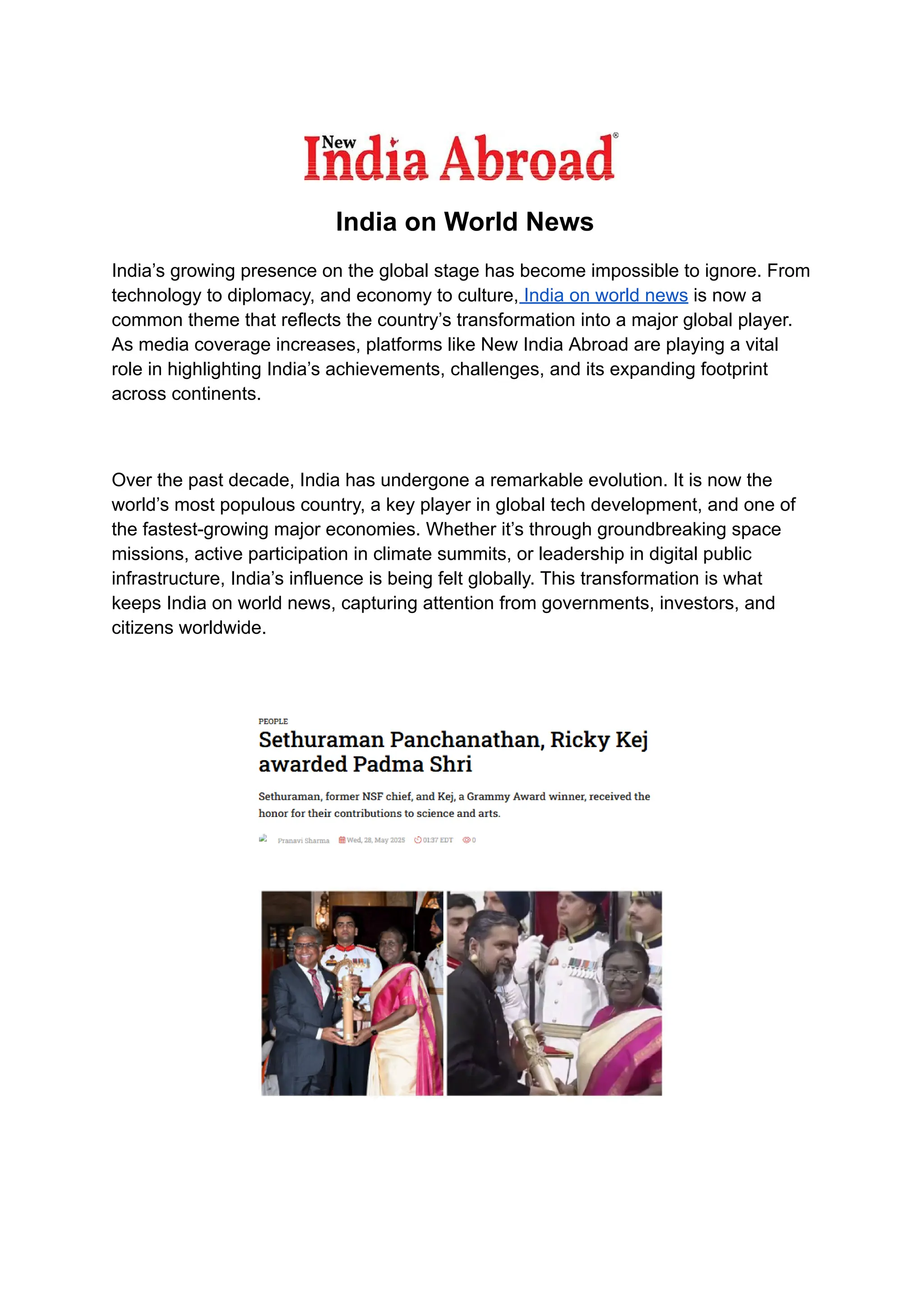 India on World News: The Rise of a Global Power | New India Abroad | PDF