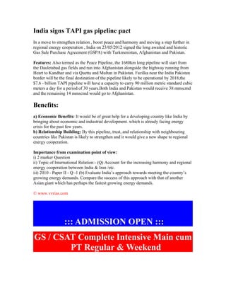 India signs TAPI gas pipeline pact to boost regional cooperation | PDF