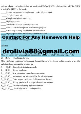 Indicate whether each of the following applies to CISC or RISC by pl.pdf