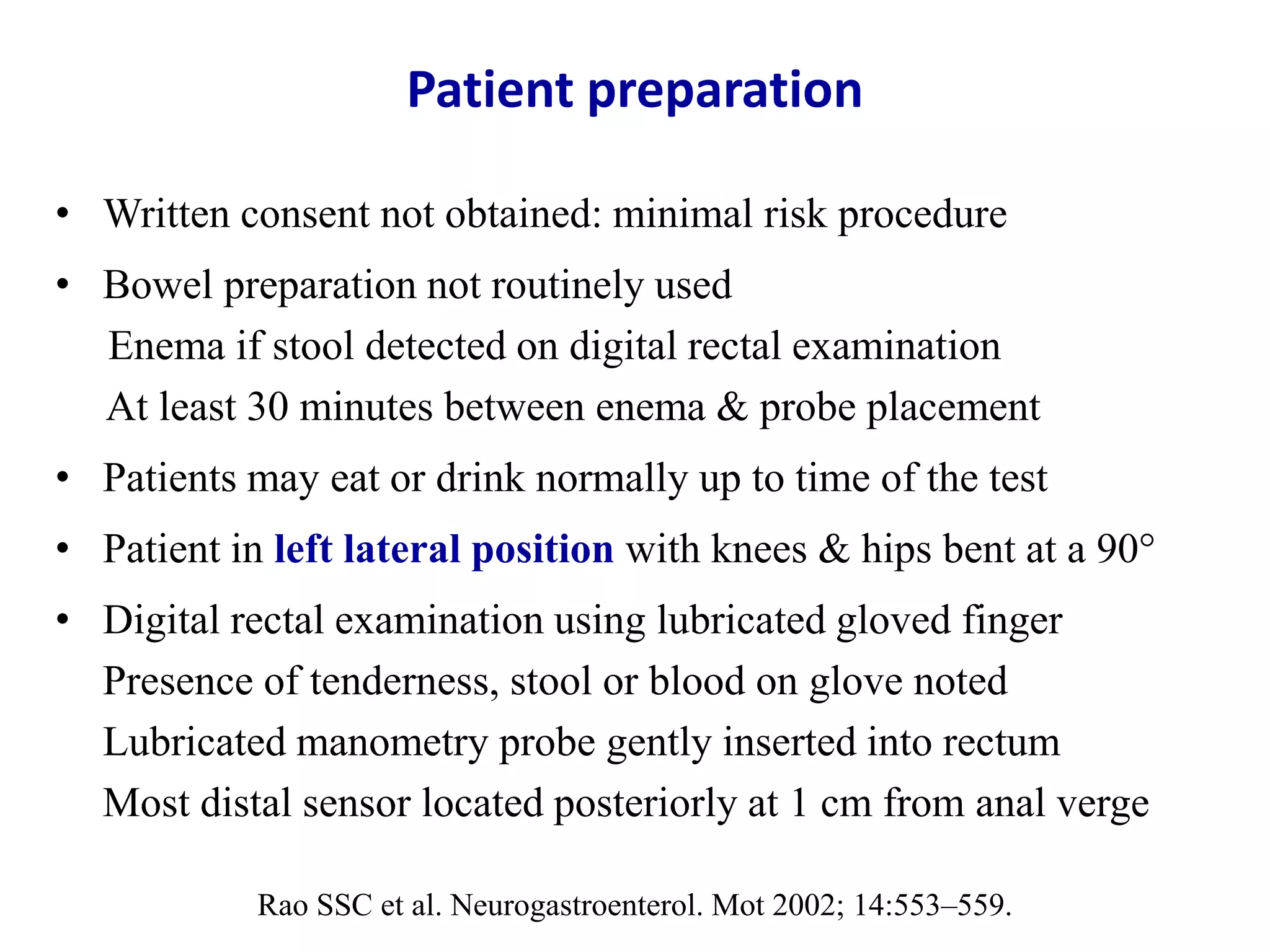 Indications, examination protocol & results of conventional anorectal ...
