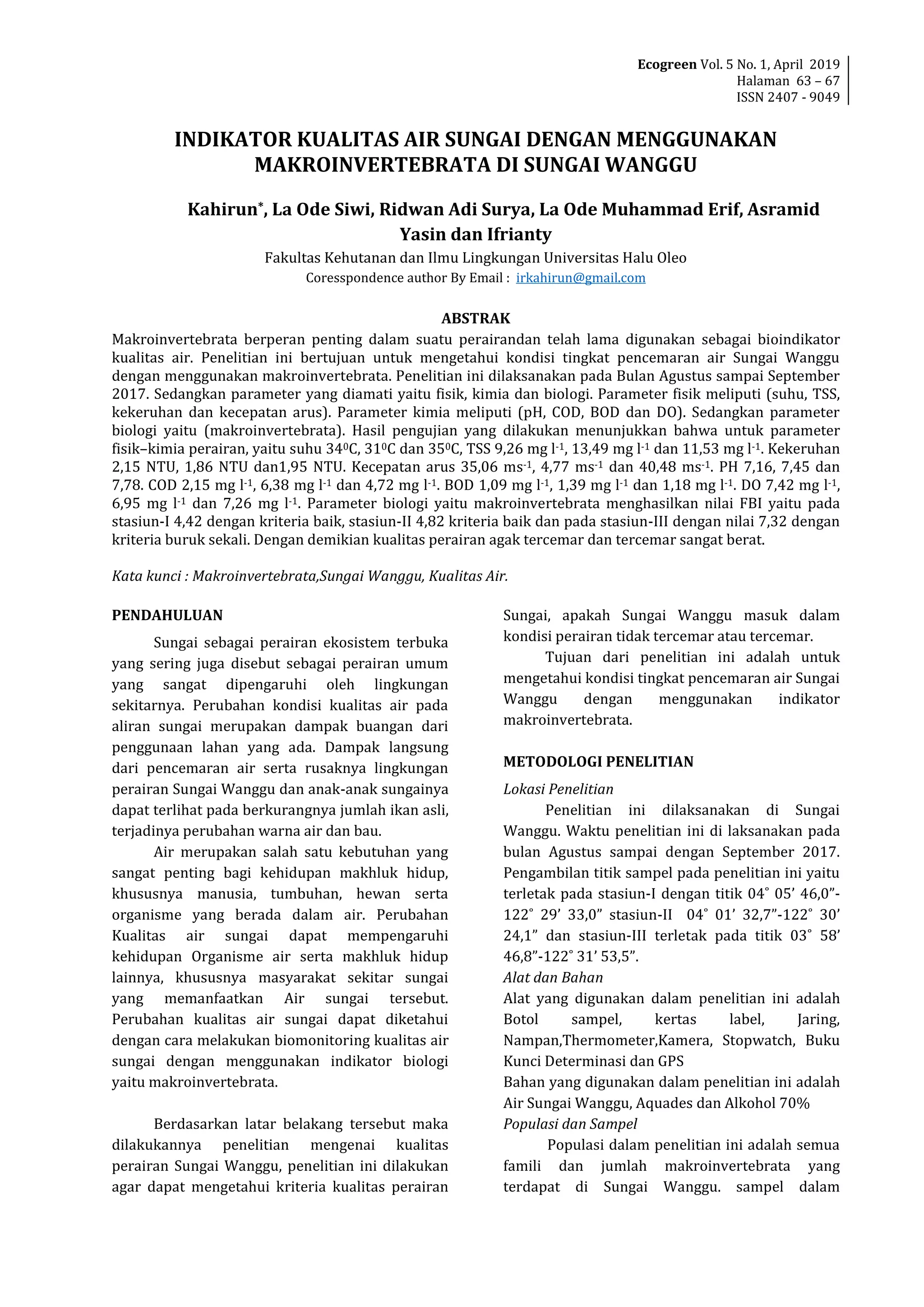 INDIKATOR KUALITAS AIR SUNGAI DENGAN MENGGUNAKAN MAKRO INVERTEBRATA DI ...