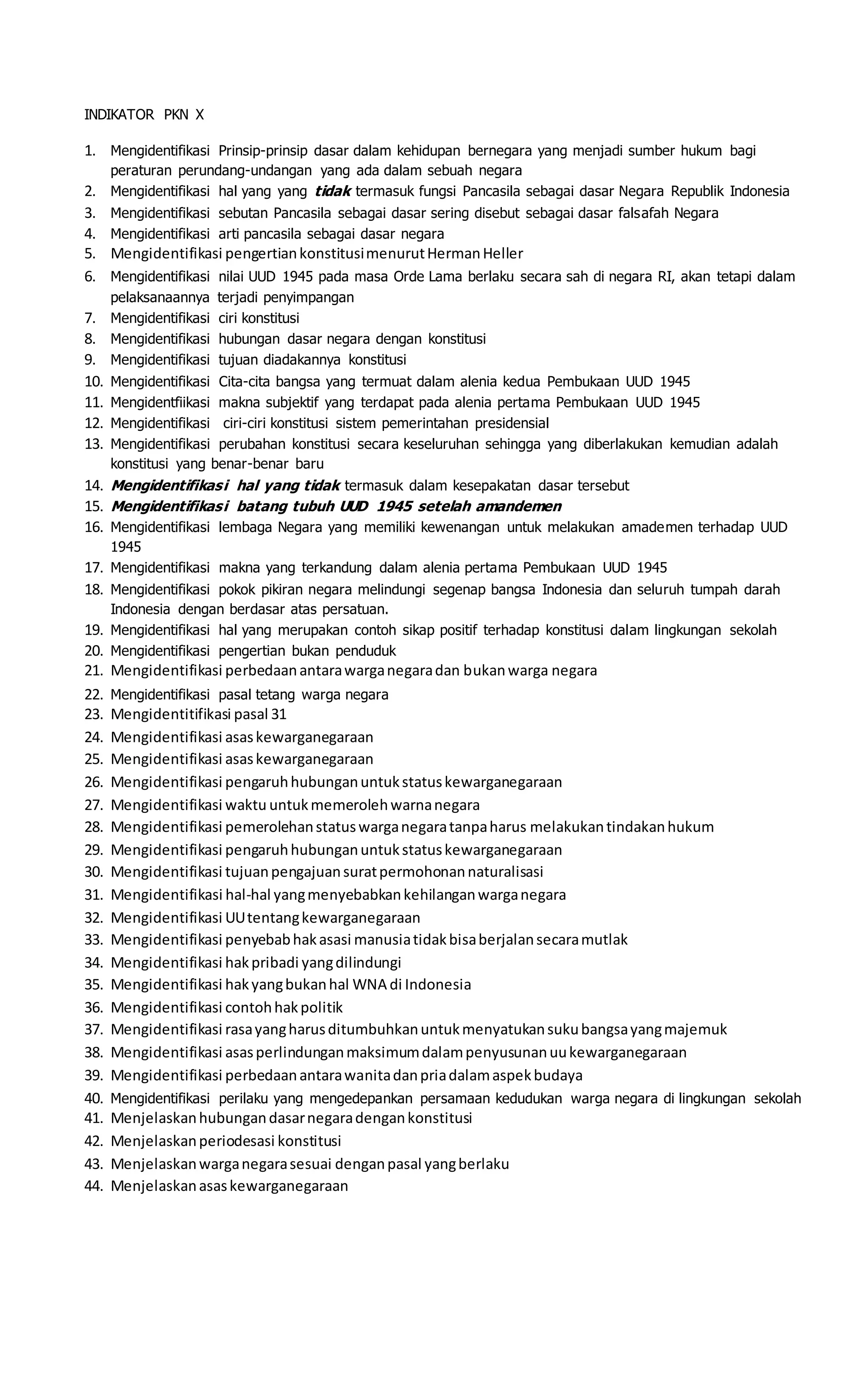 Indikator soal pkn x | PDF