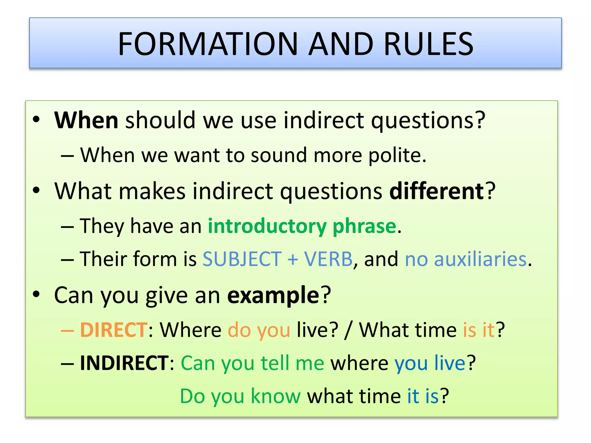 Indirect questions power point | PPTX