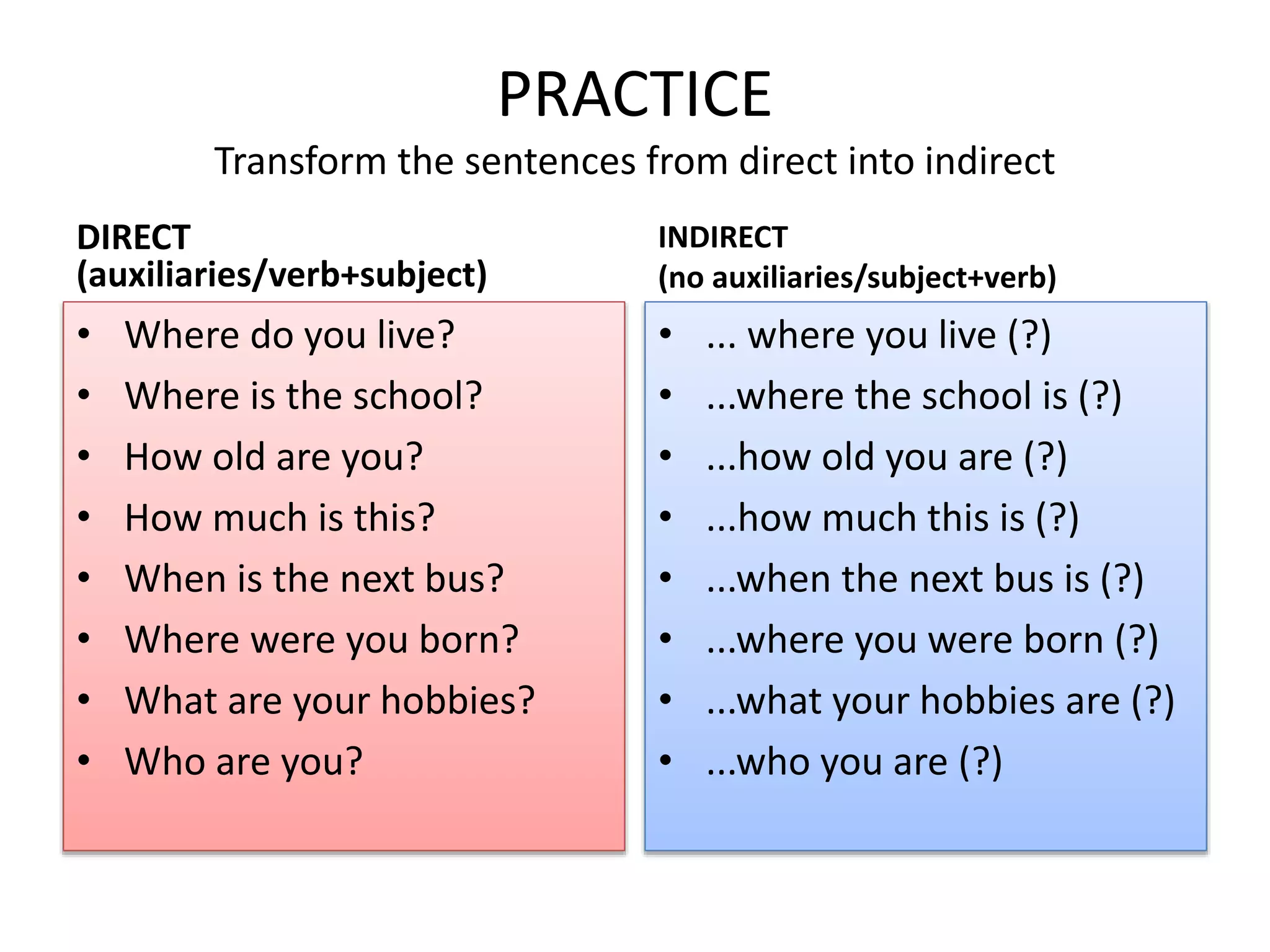 Indirect questions power point | PPTX