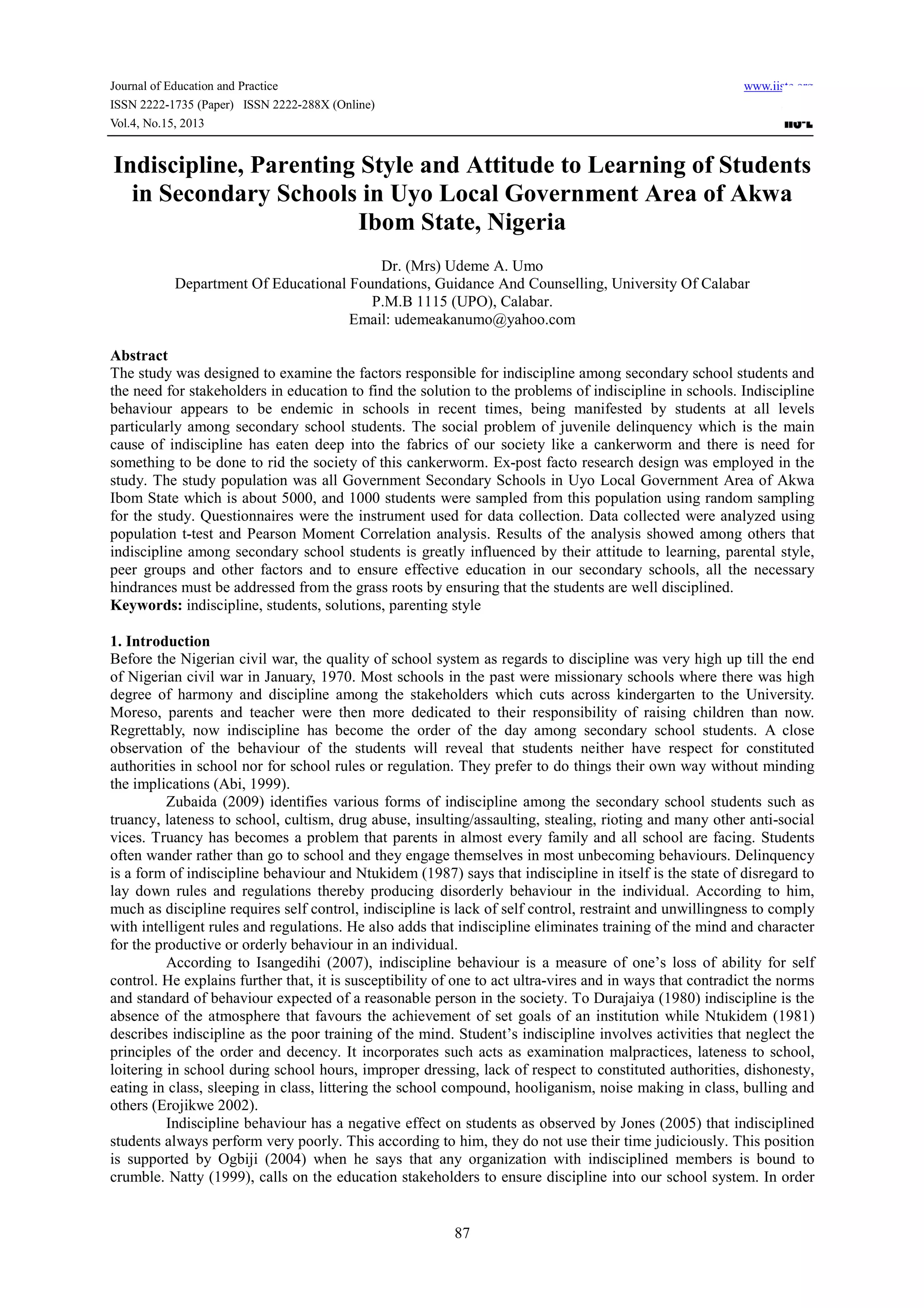 Indiscipline, parenting style and attitude to learning of students in ...