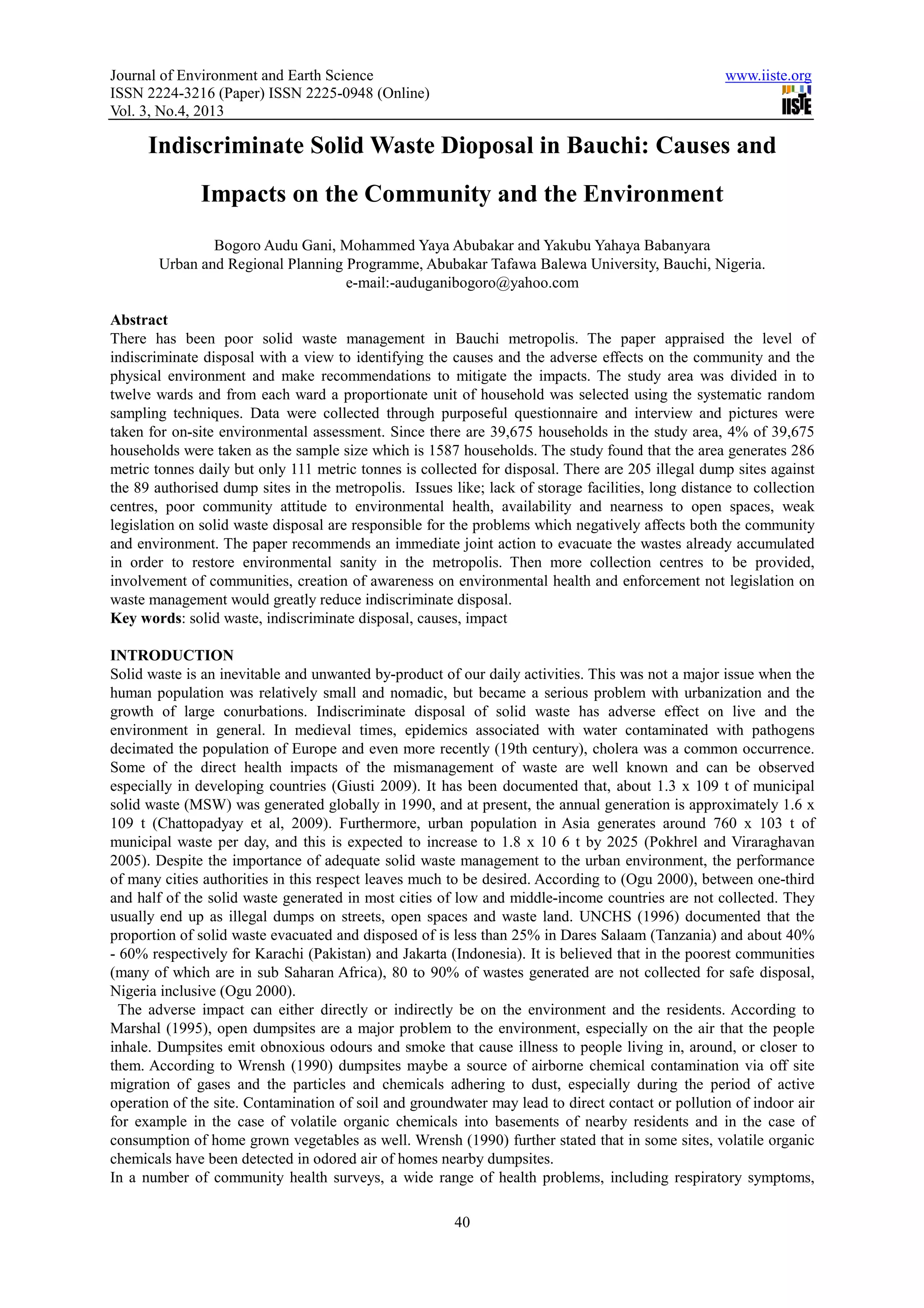 Indiscriminate solid waste dioposal in bauchi causes and impacts on the ...