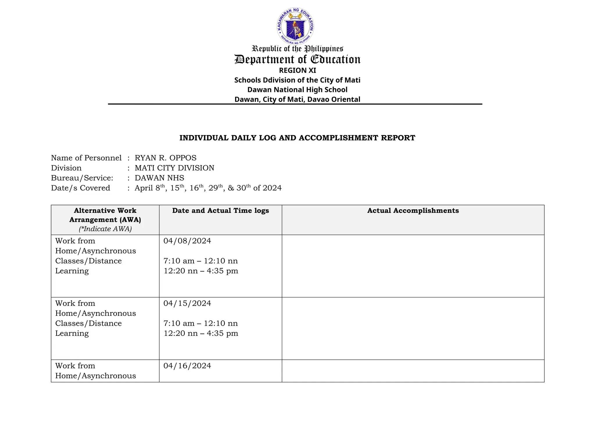 INDIVIDUAL DAILY LOG AND ACCOMPLISHMENT REPORT | DOCX